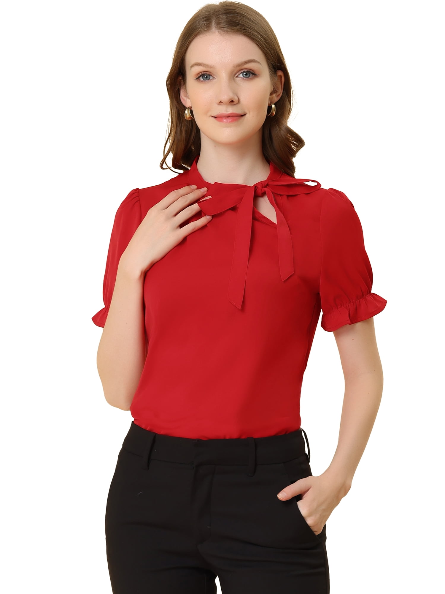 DARING DIVA Bow Tie Neck Office Elegant Short Sleeve Blouse Top XL Red ...