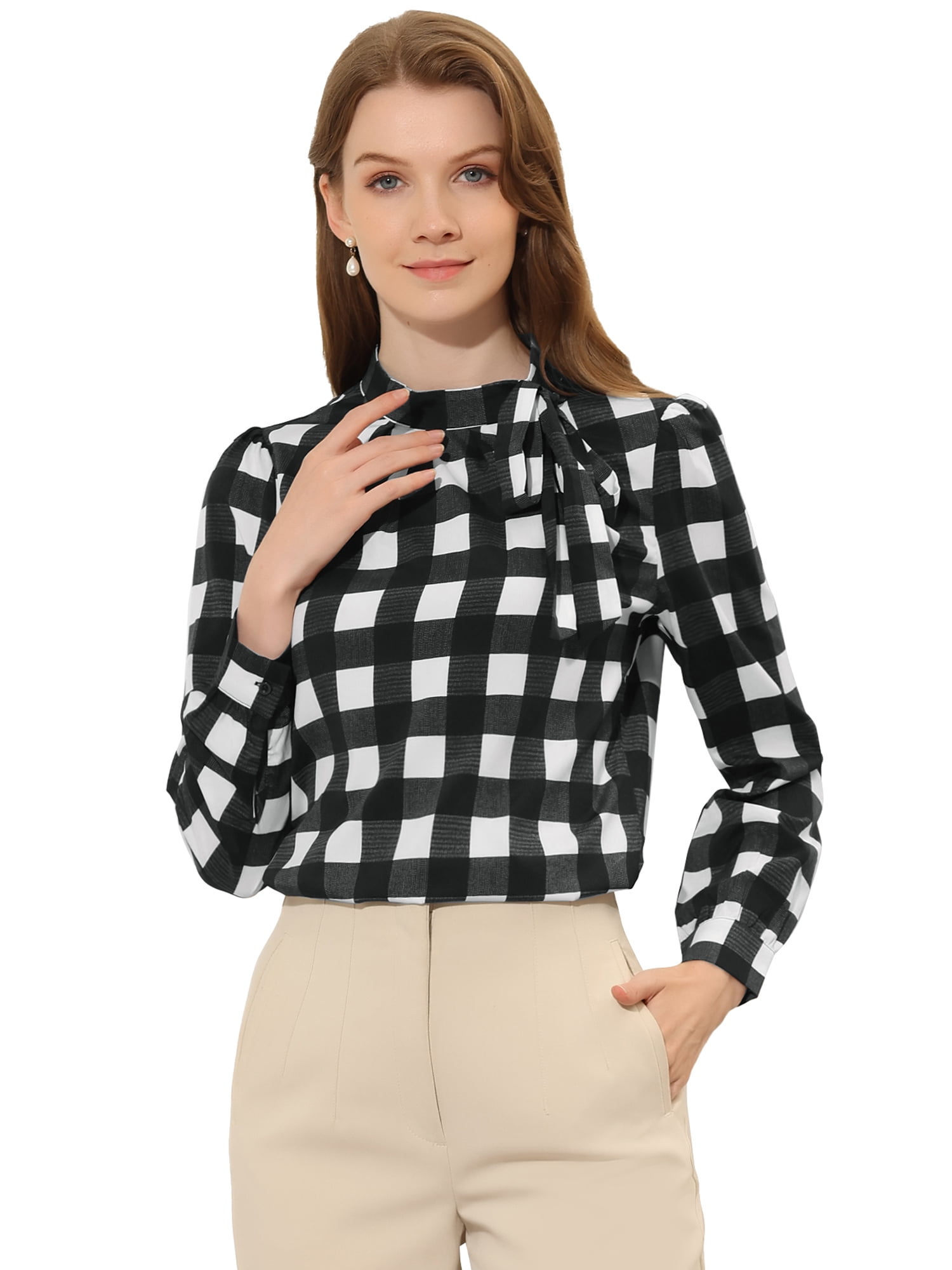 DARING DIVA Bow-Tie Neck Office Work Checks Shirt Top L Blacks ...