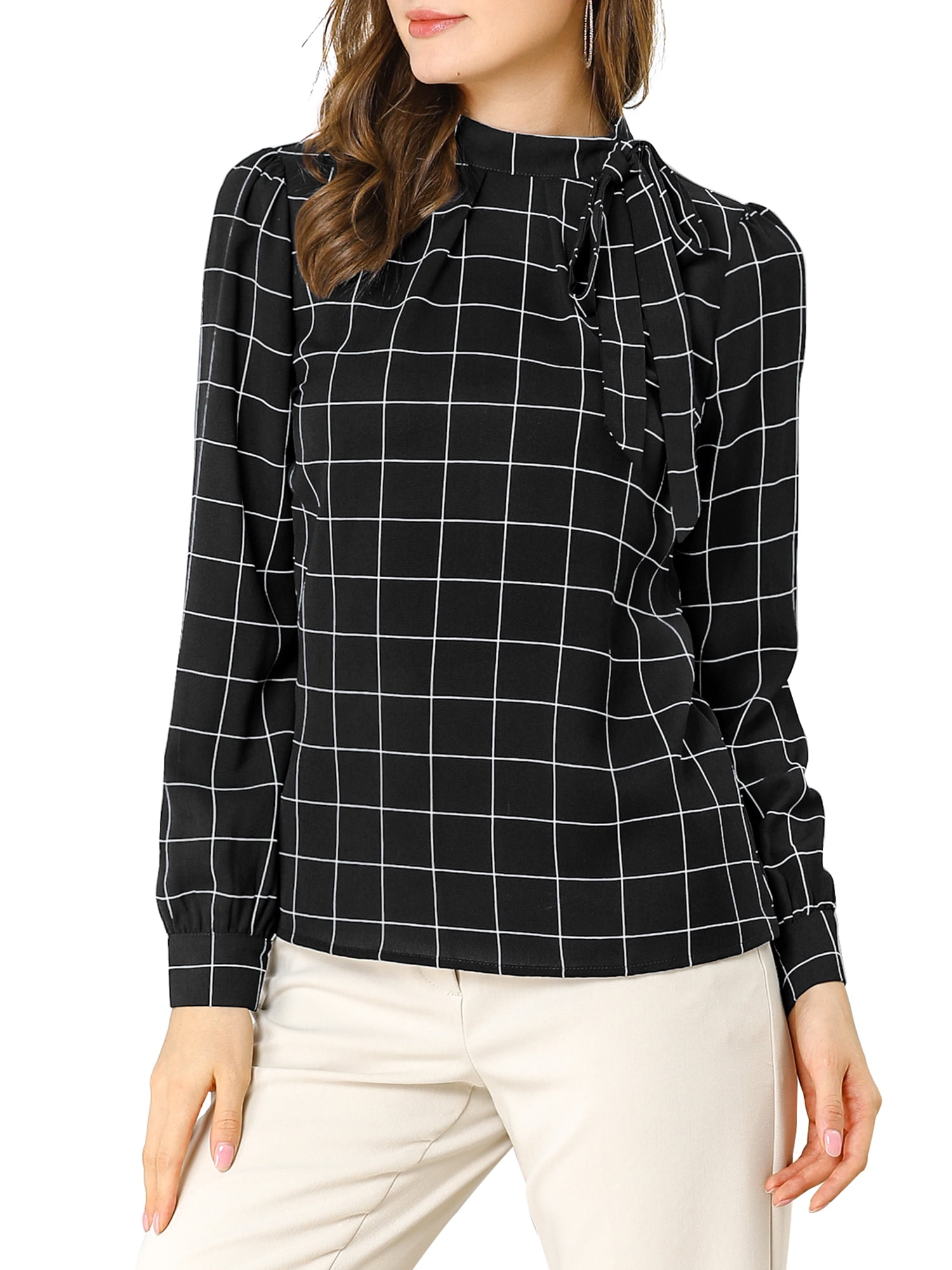 DARING DIVA Bow-Tie Neck Office Work Checks Shirt Top M Black - Walmart.com
