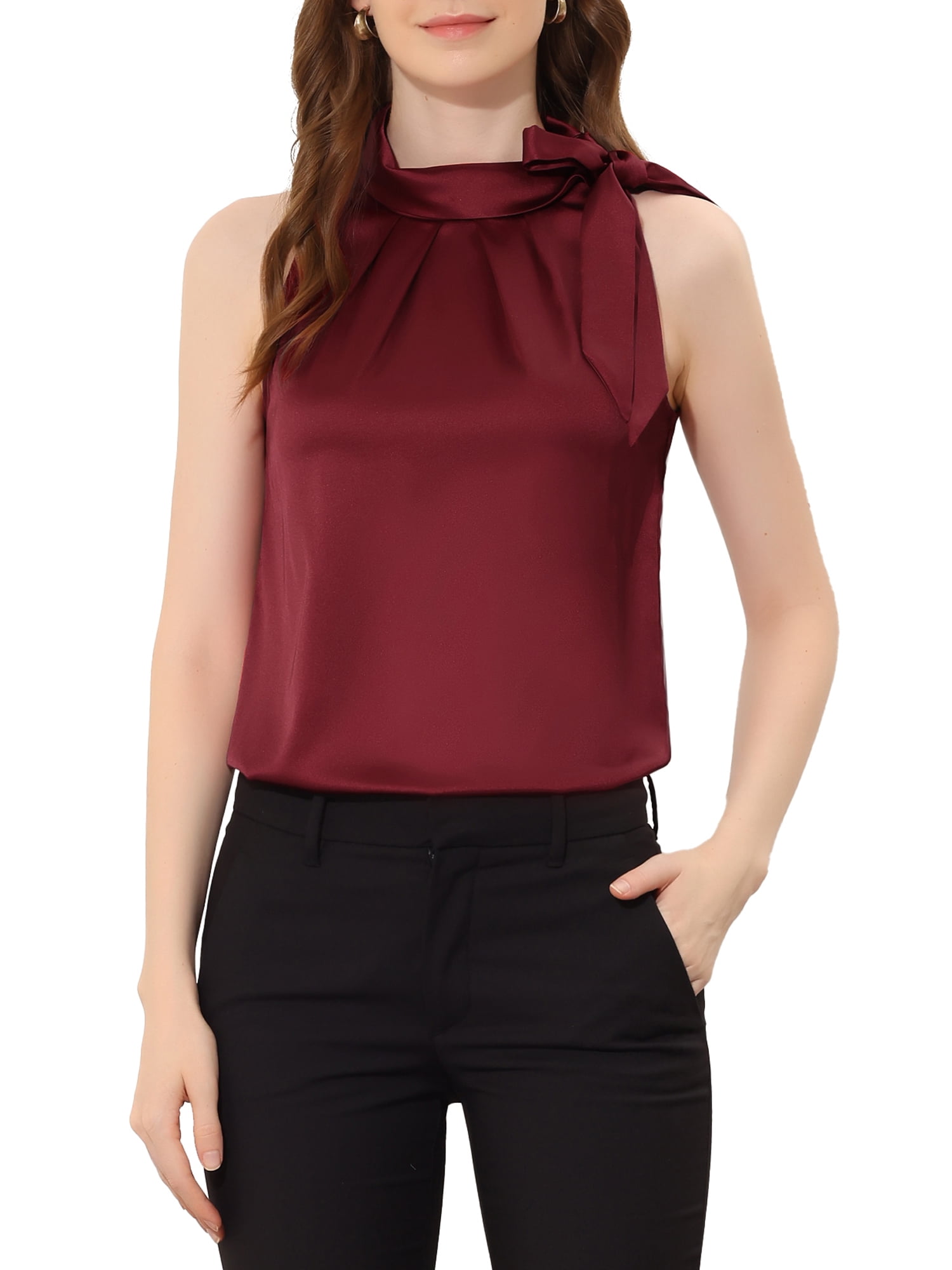 DARING DIVA Bow Tie Neck Solid Work Blouse Top XL Burgundy - Walmart.com