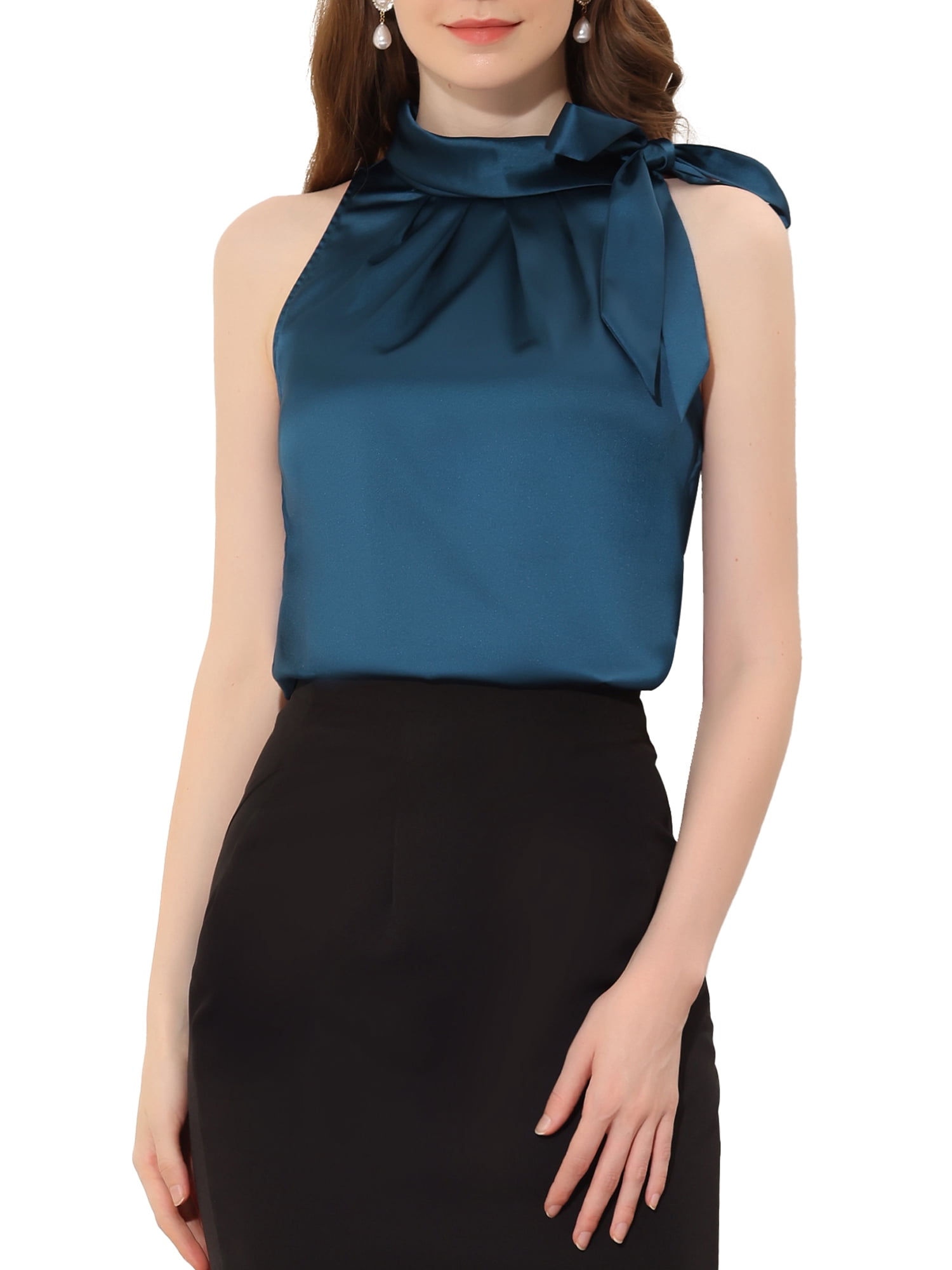 DARING DIVA Bow Tie Neck Solid Work Blouse Top XS Peacock Blue ...