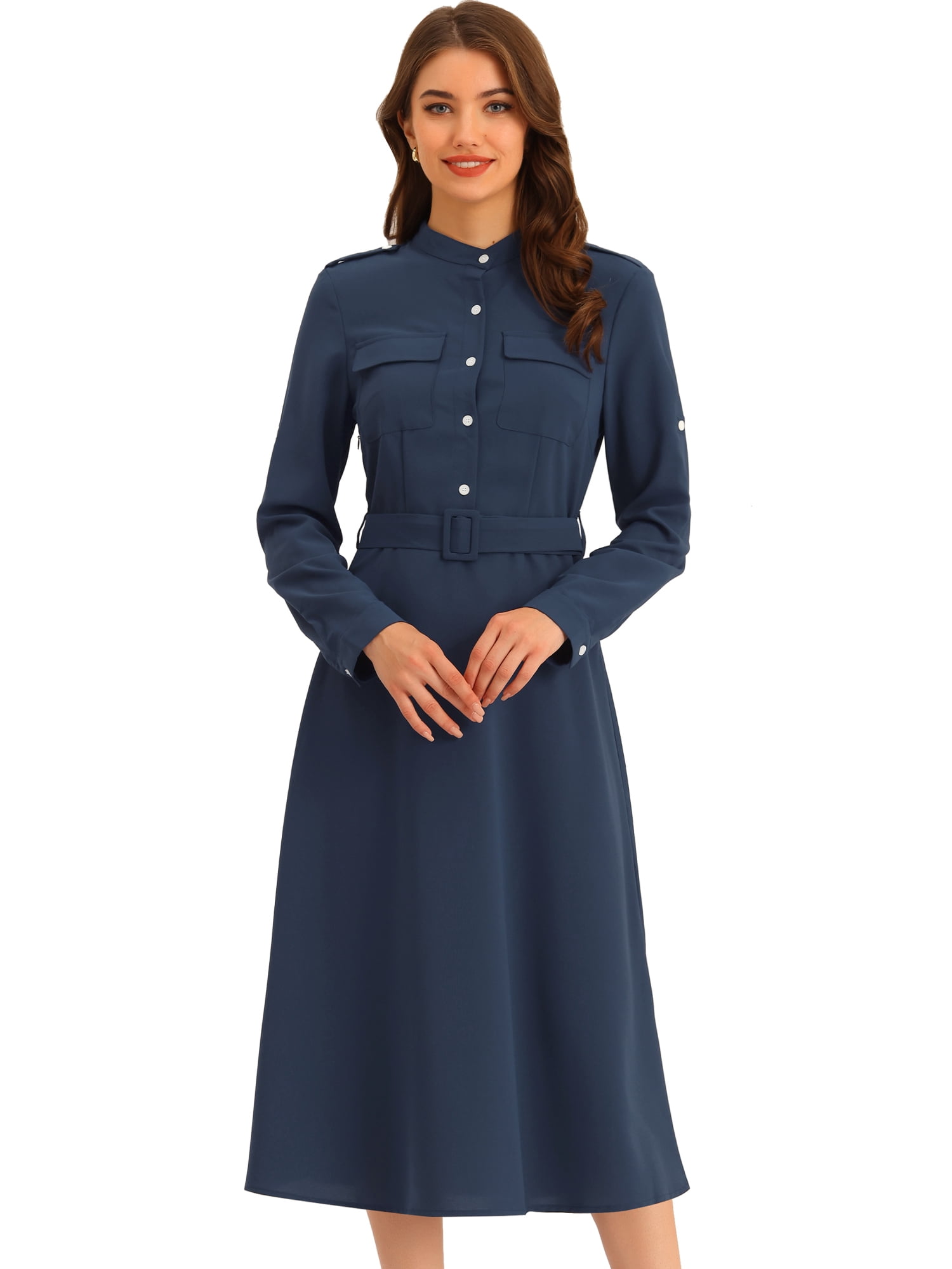DARING DIVA Button Front Band Collar Roll Up Sleeve Dress M Navy Blue ...