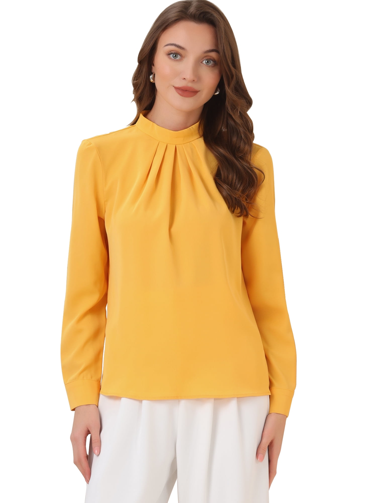 DARING DIVA Chiffon Blouse for Women's Long Sleeve Work Shirt M Yellow ...