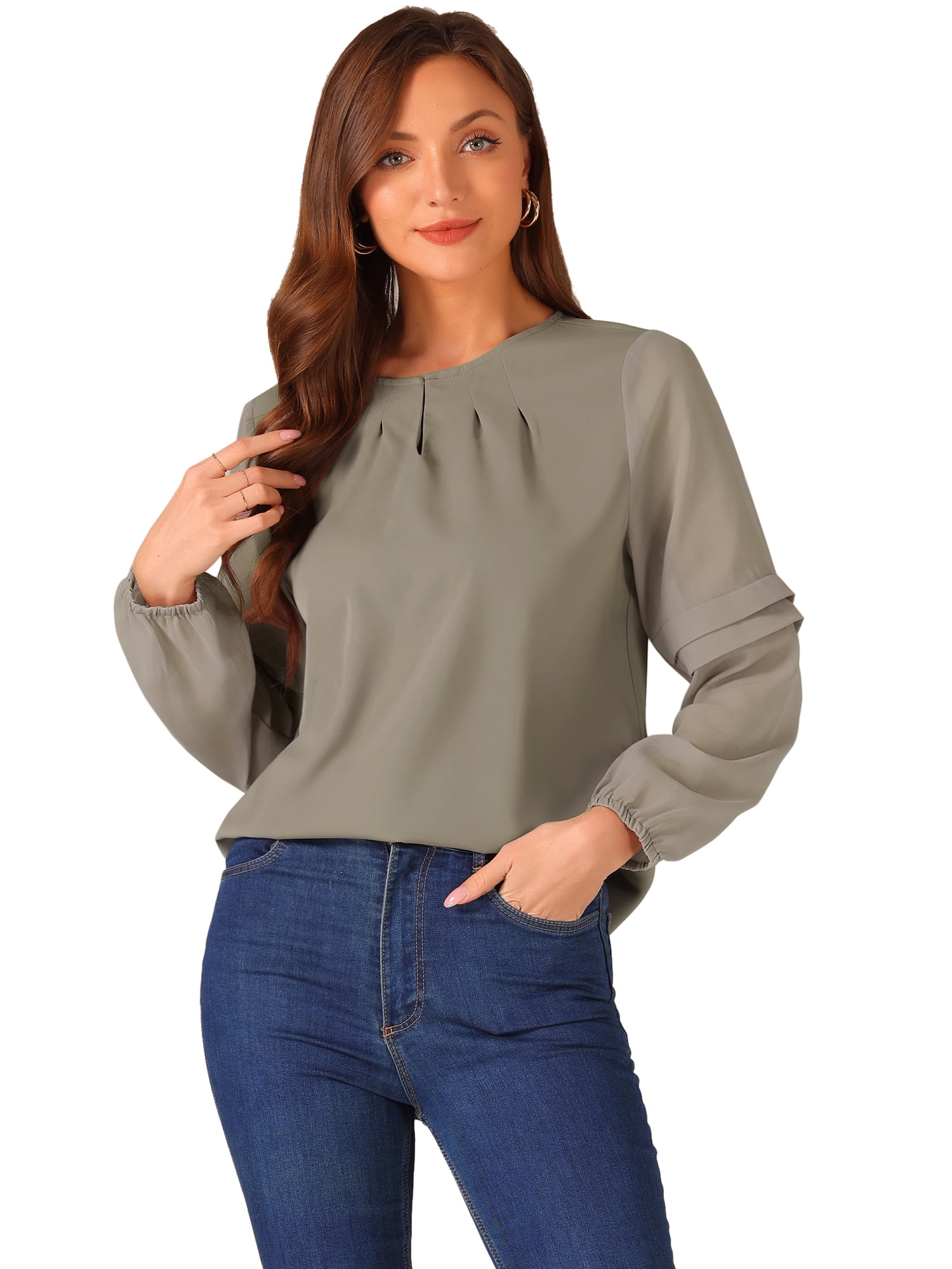 DARING DIVA Chiffon Semi Sheer Long Sleeves Keyhole Neck Blouse L Brown ...
