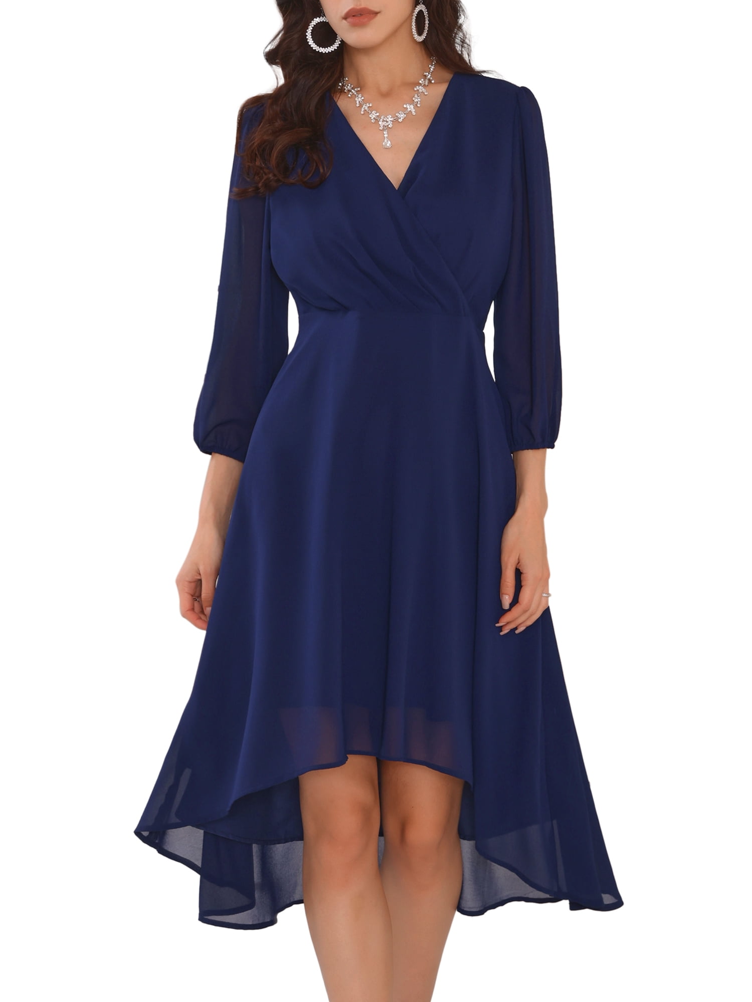 DARING DIVA Chiffon V-Neck Midi Cocktail Dress S Navy Blue - Walmart.com