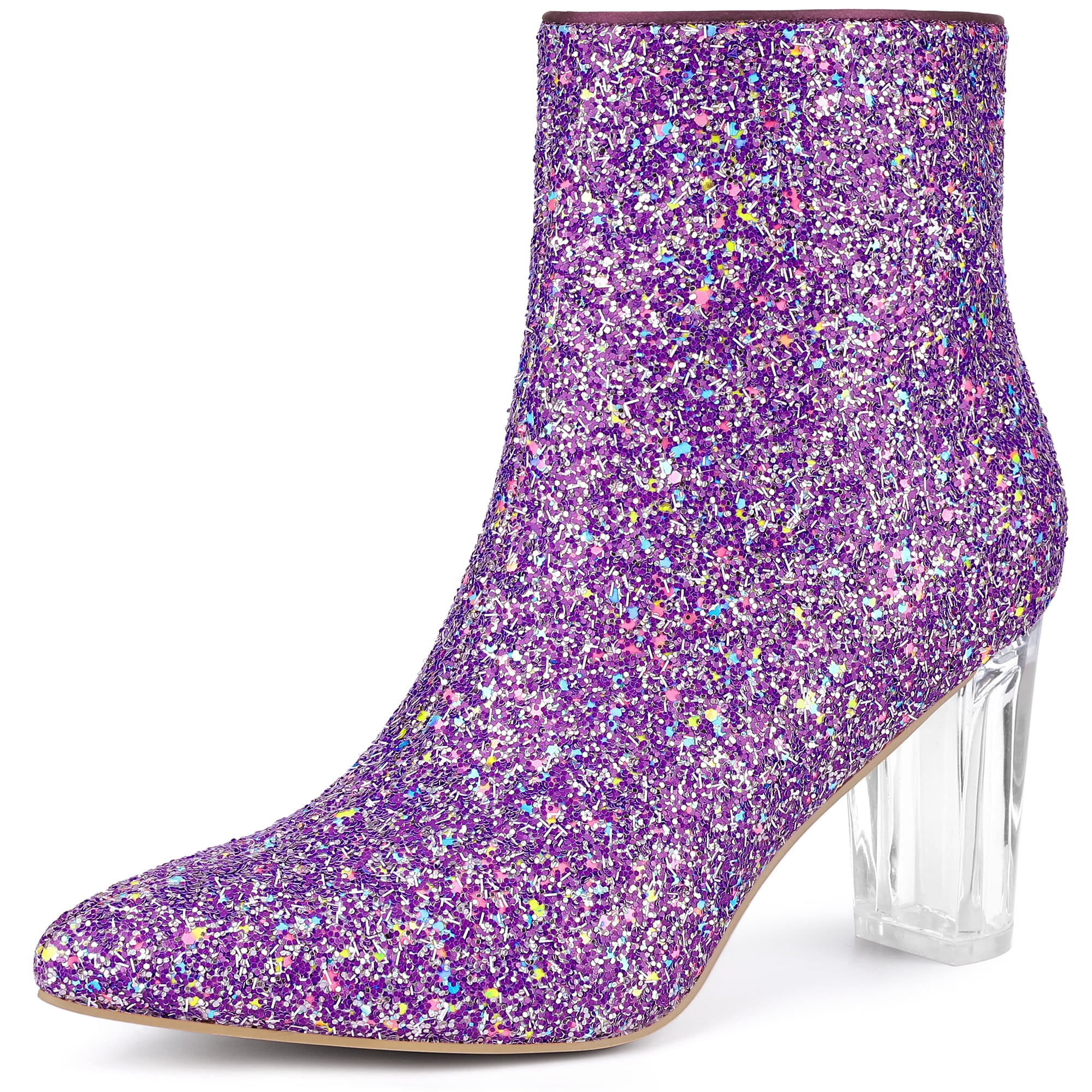 DARING DIVA Clear Block Heel Glitter Prom Ankle Booties Purple 9.5 ...