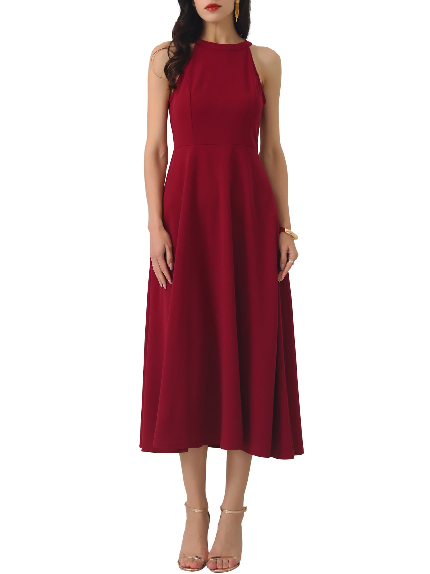 DARING DIVA Cocktail Midi Halter Neck Sleeveless Dress M Wine Red ...