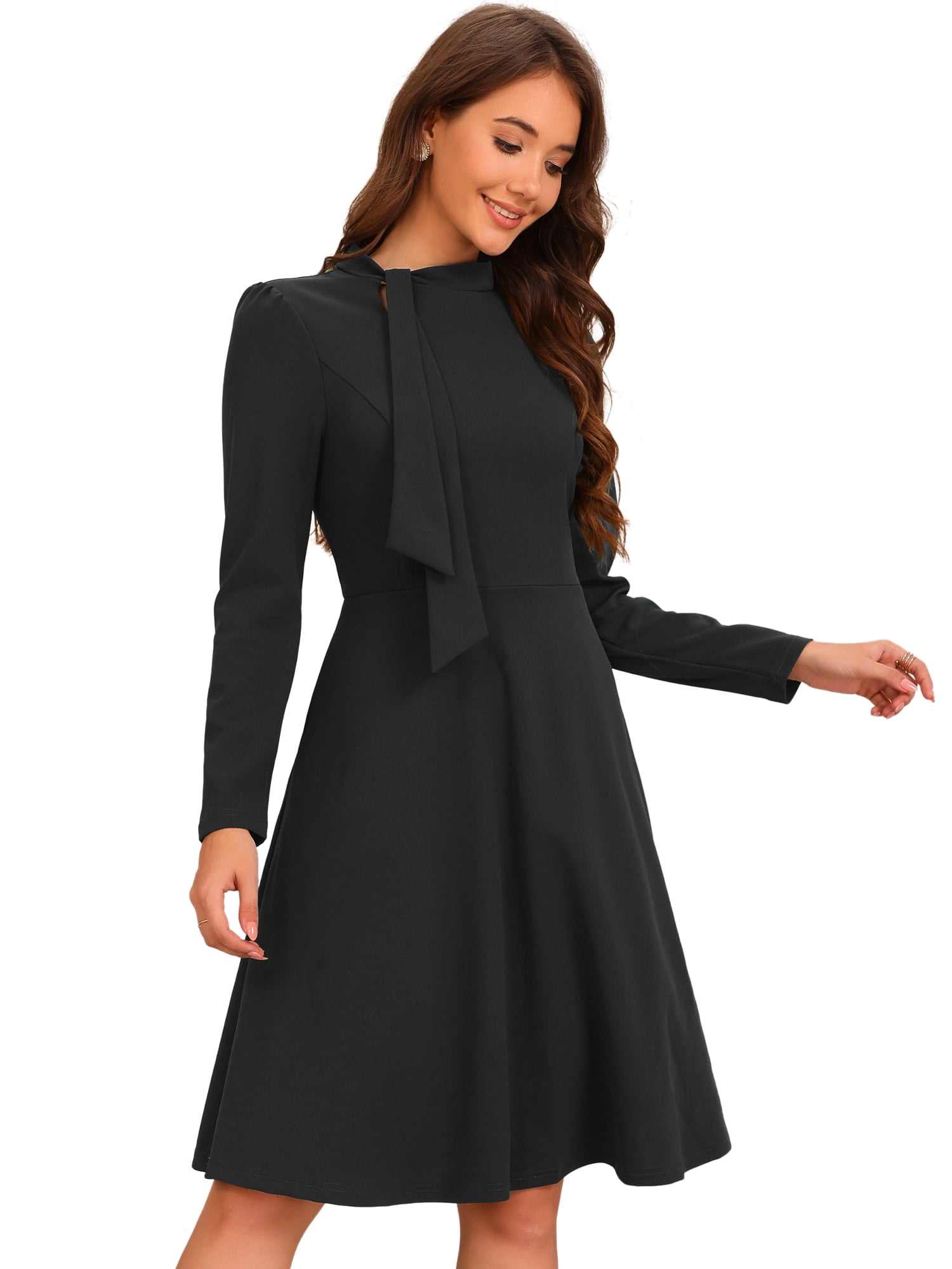 DARING DIVA Collar Tie Mock Neck a Line Elegant Midi Dress M Black ...