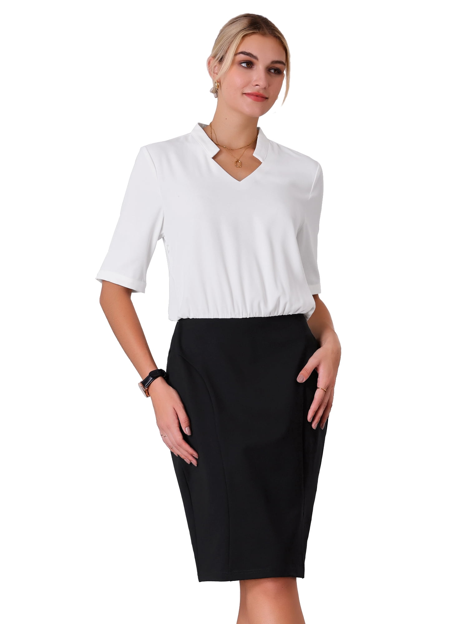 DARING DIVA Contrast Color Short Sleeve Work Pencil Dress M Black ...