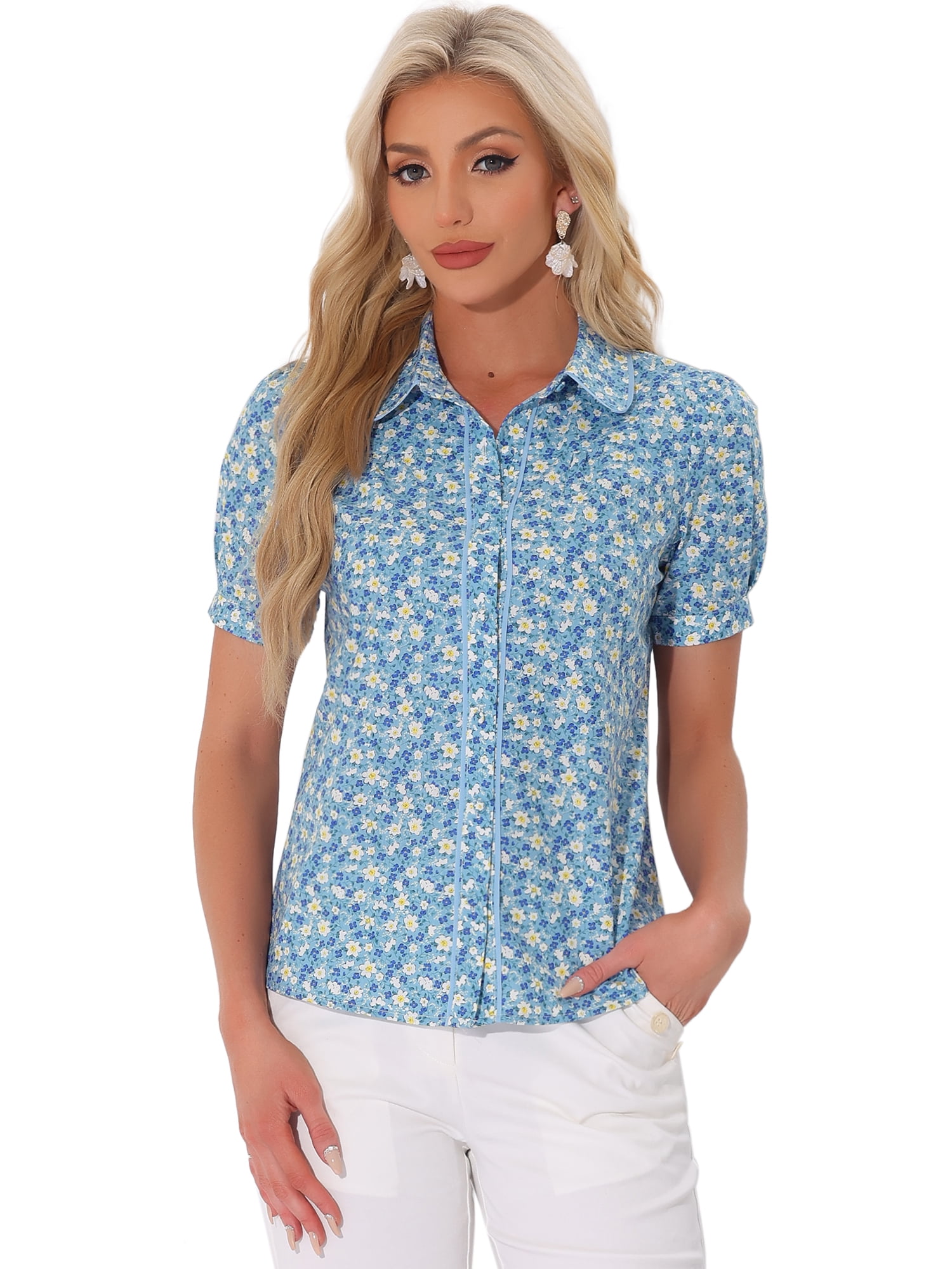 DARING DIVA Contrast Trim Puff Sleeve Peasant Shirt XS Light Blue ...