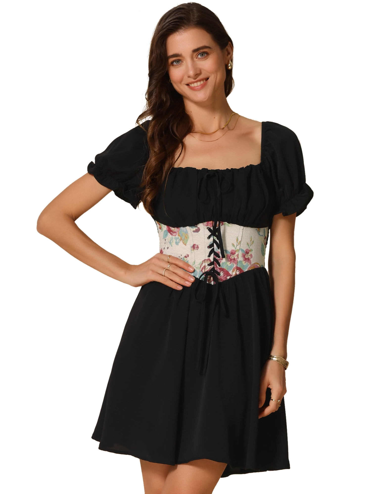 DARING DIVA Corset Short Square Neck Puff Sleeve Floral Lace Up Dress L ...