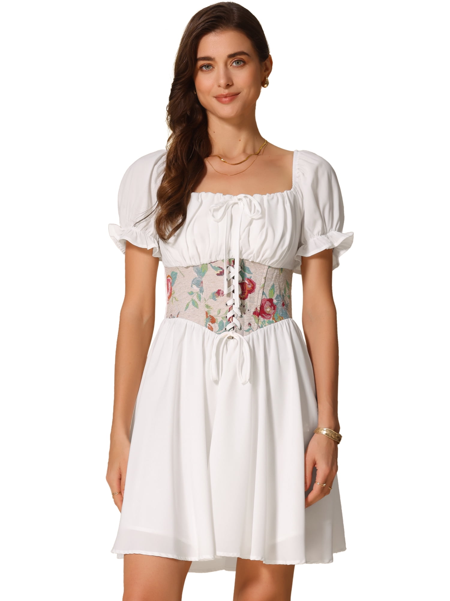 DARING DIVA Corset Short Square Neck Puff Sleeve Floral Lace Up Dress ...