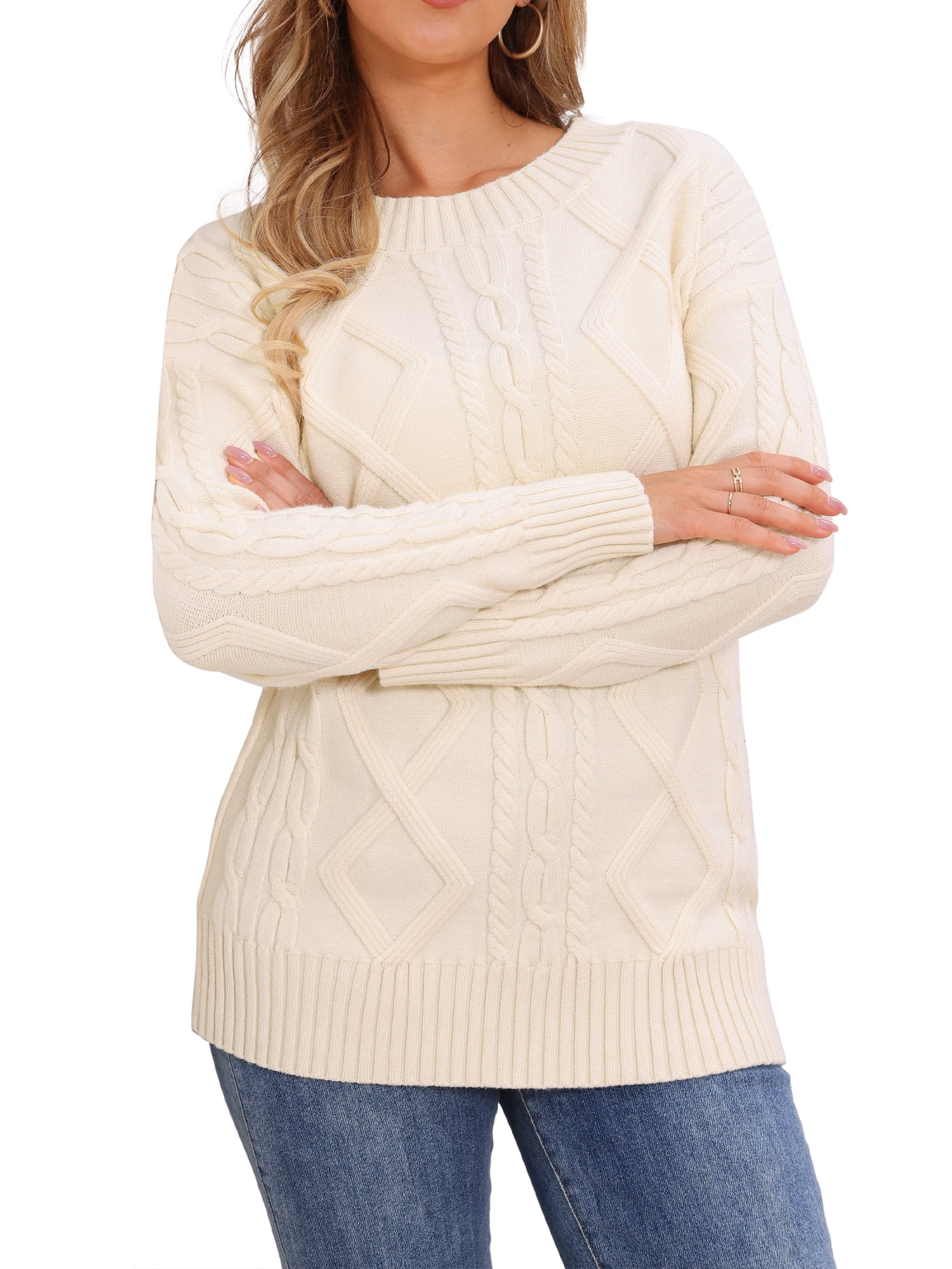 DARING DIVA Crewneck Fall Chunky Cable Knit Pullover Sweater M Beige ...