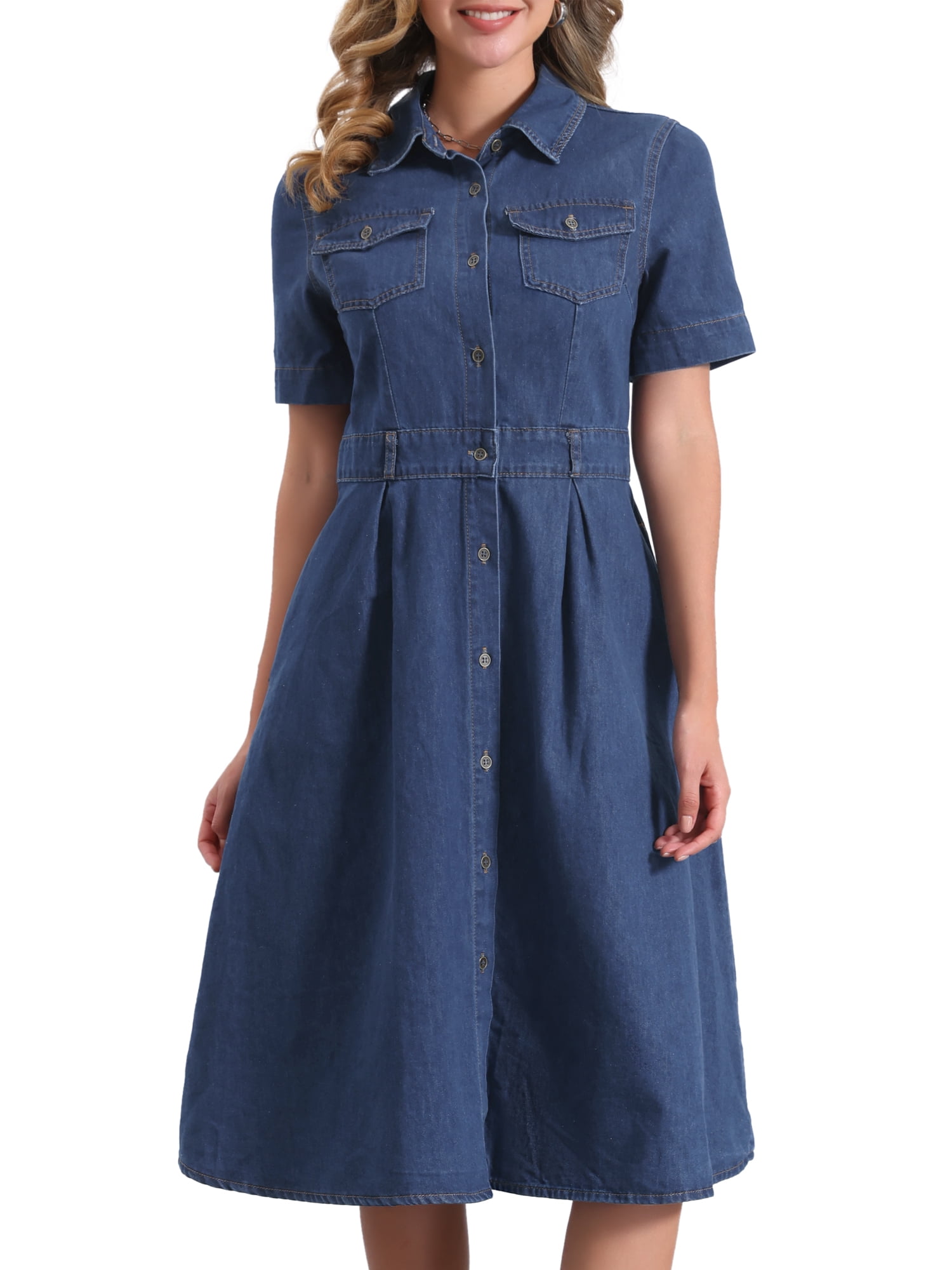DARING DIVA Denim Collared Short Sleeve A-Line Midi Dress L Dark Blue ...