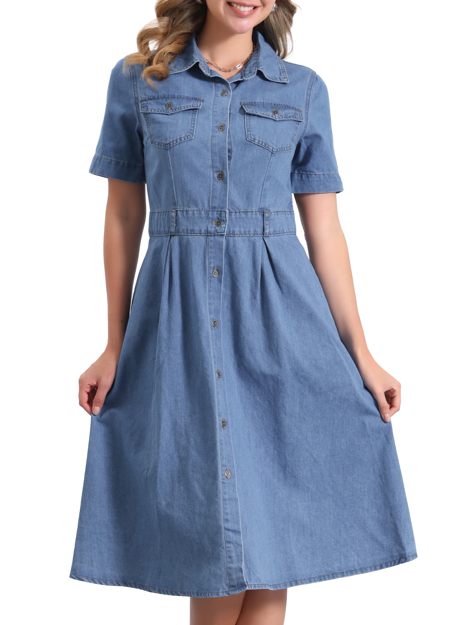 DARING DIVA Denim Collared Short Sleeve A-Line Midi Dress M Light Blue ...