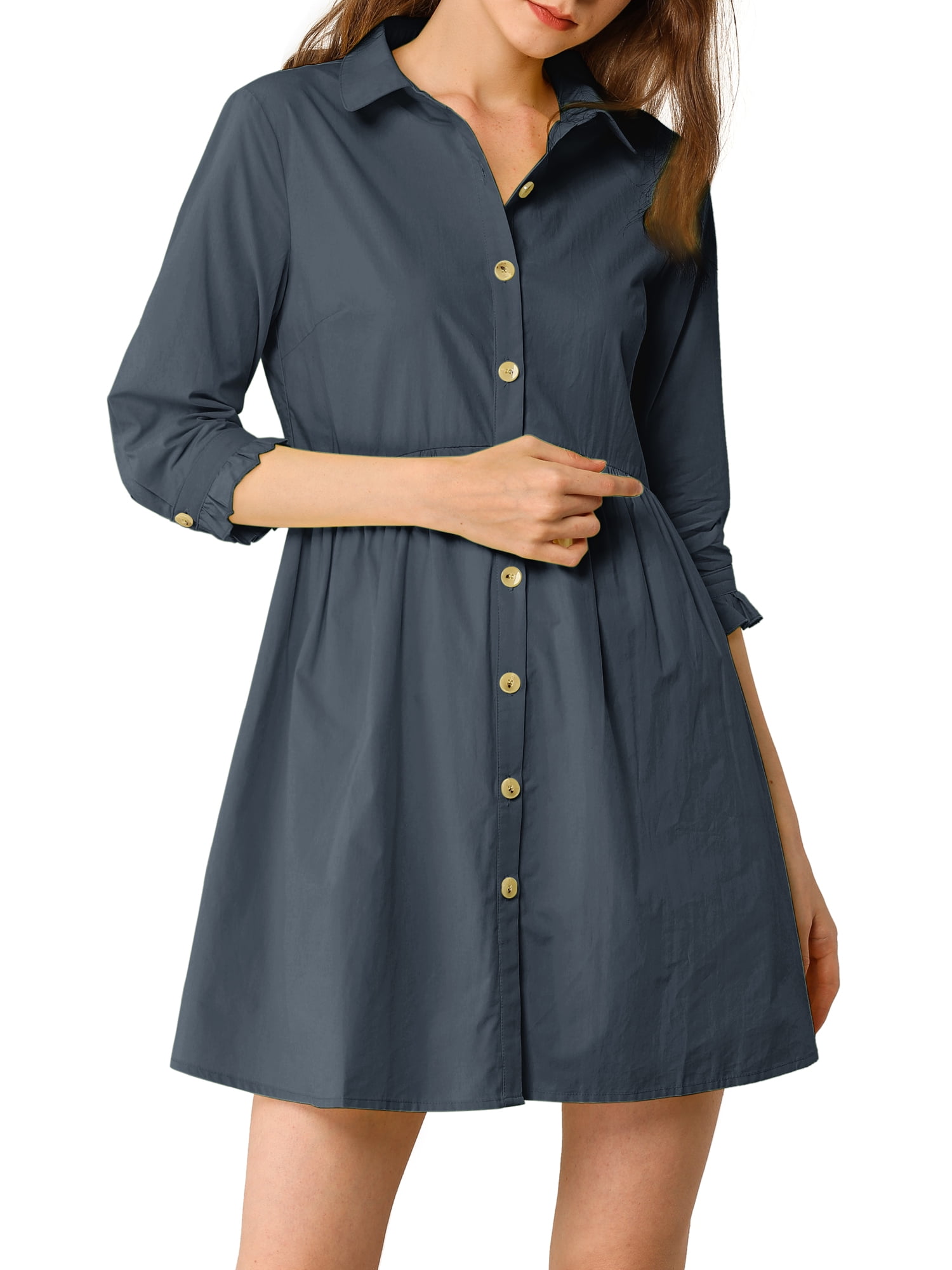 DARING DIVA Elegant Collar Flare 3/4 Sleeve Button Mini Shirt Dress XL ...