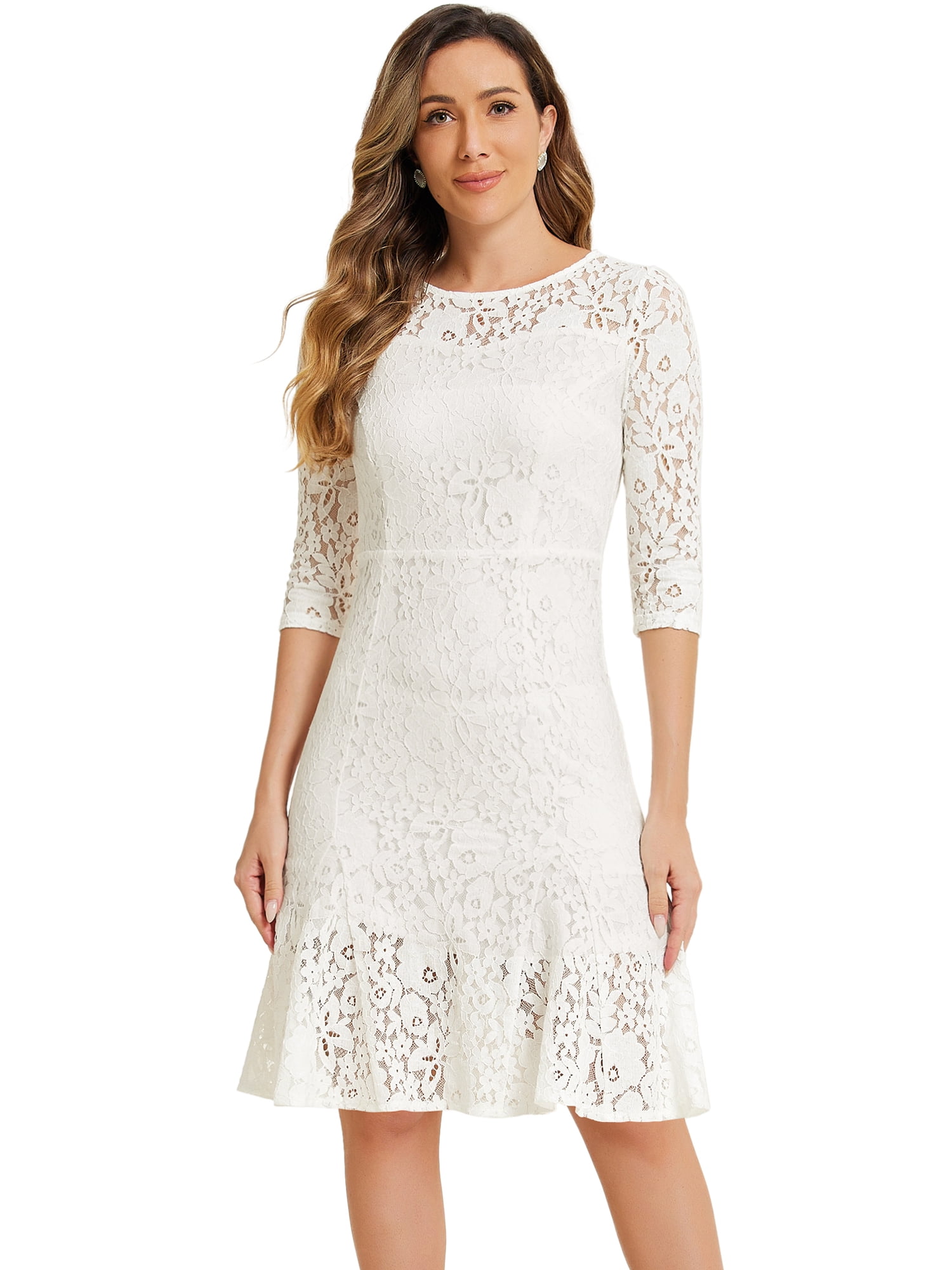 DARING DIVA Elegant Lace 3/4 Sleeves Ruffles Bodycon Fishtail Dress S White - Walmart.com