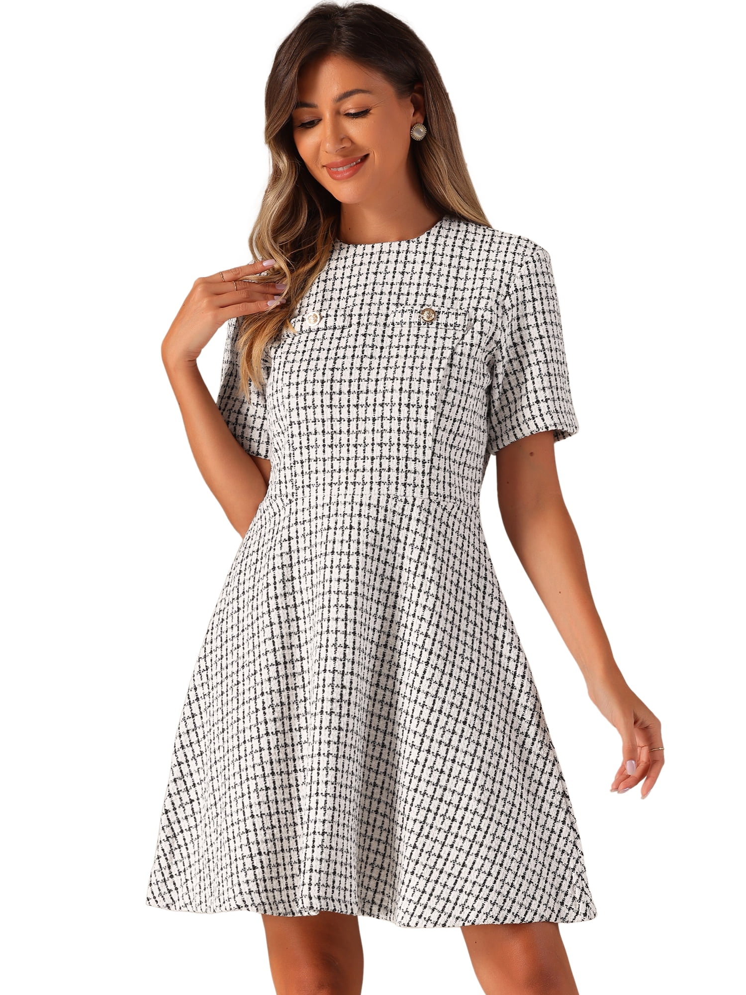 DARING DIVA Elegant Short Sleeve A-line Plaid Tweed Dress L Apricot ...