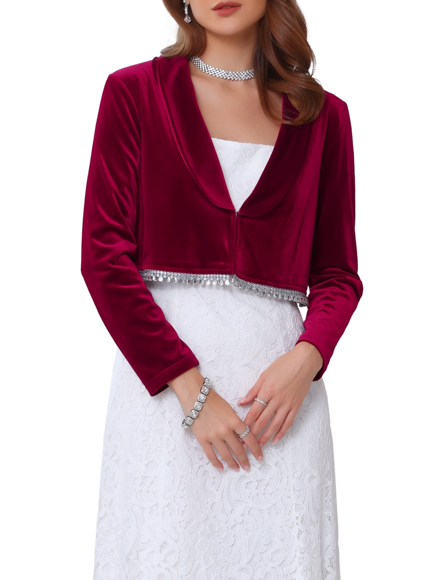 DARING DIVA Women's Elegant Velvet Shrug With Sparkle Trim M Burgundy ...