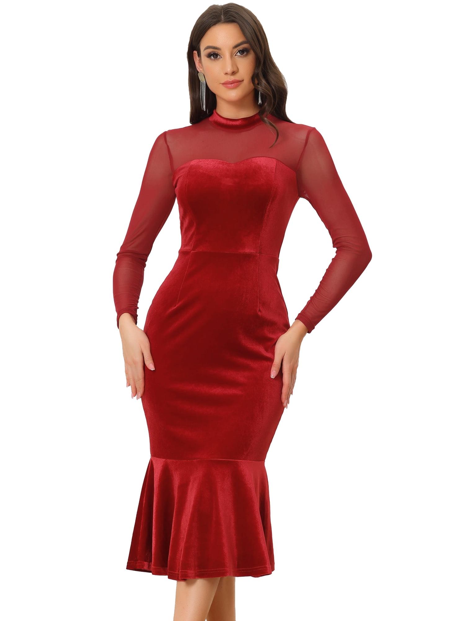 DARING DIVA Elegant Velvet Sheer Mesh Cocktail Dress S Dark Red ...