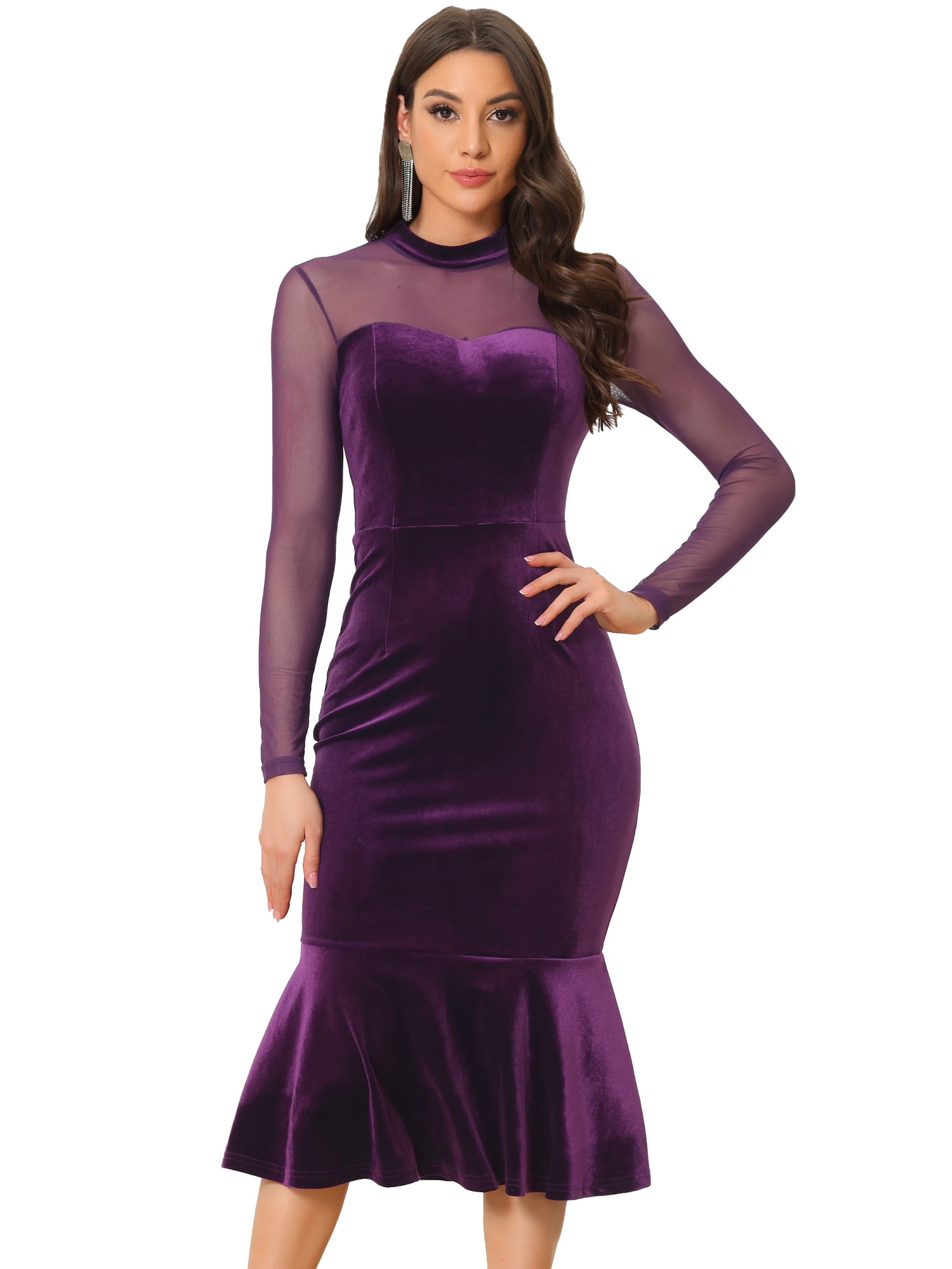 DARING DIVA Elegant Velvet Sheer Mesh Cocktail Dress XS Dark Purple ...