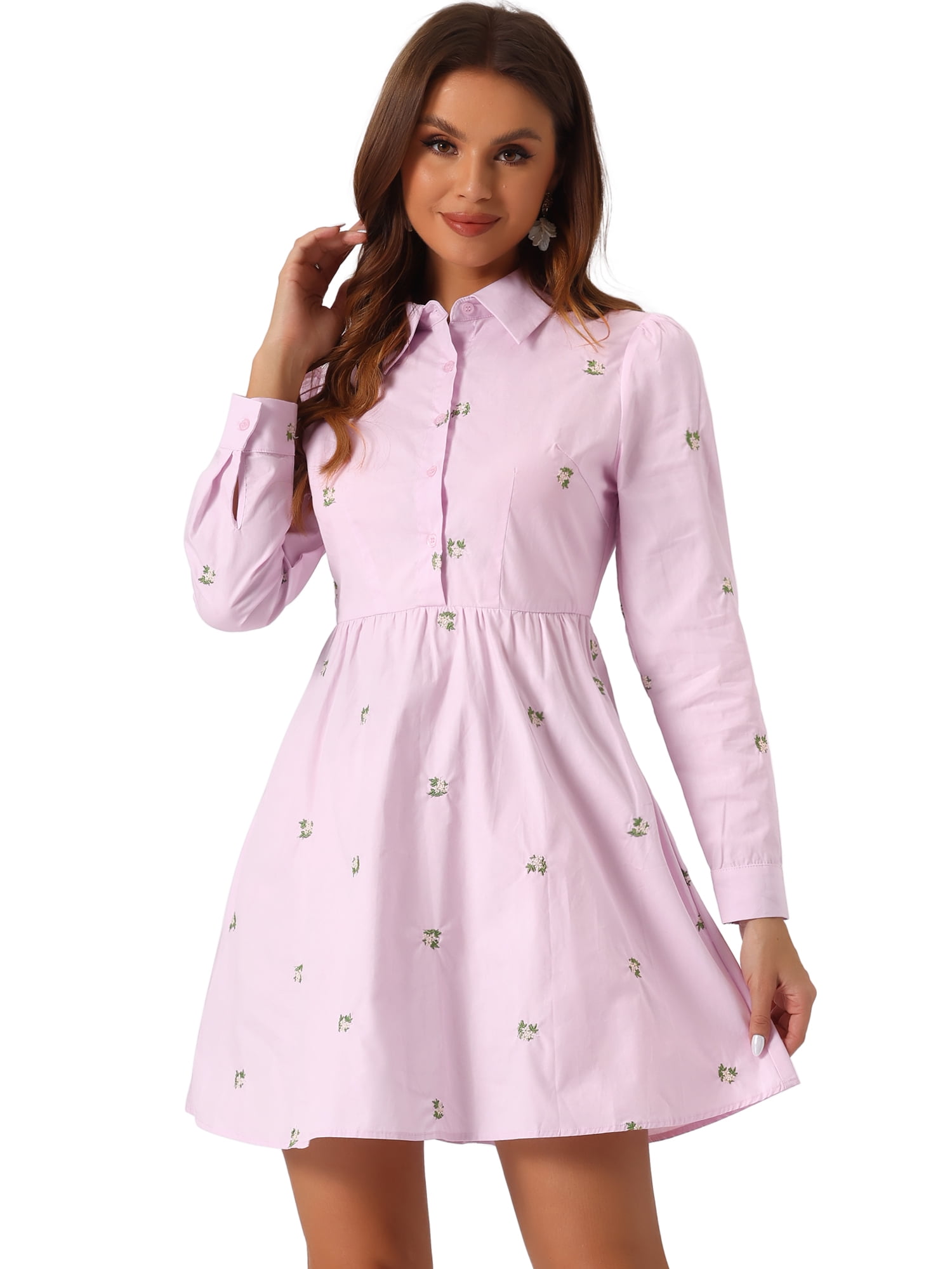 DARING DIVA Embroidered Floral Button Placket Mini Shirt Dresses L Light Purple - Walmart.com