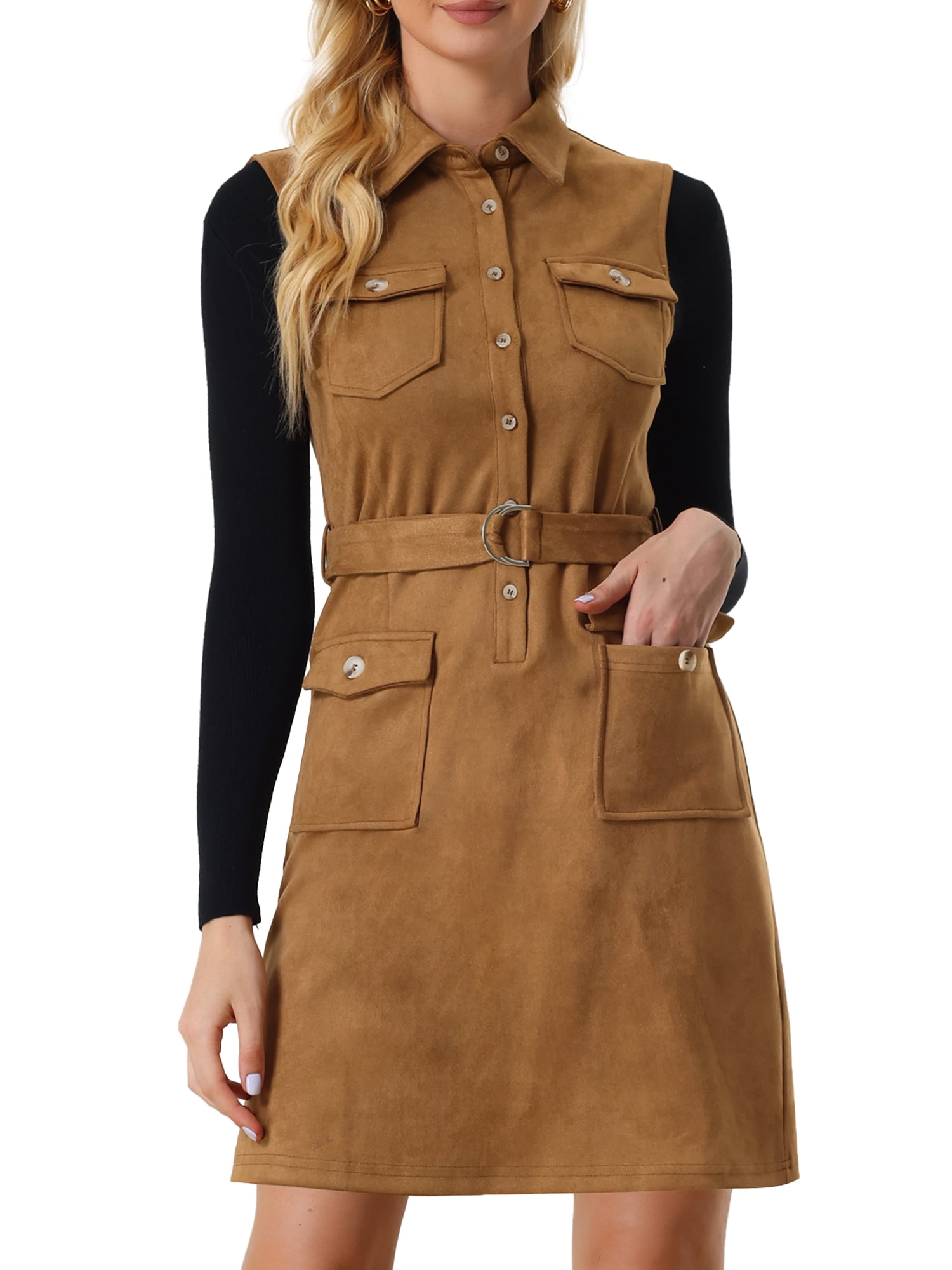 DARING DIVA Faux Suede Turn Down Collar Tie Waist Button Down Mini Dress XS Brown - Walmart.com