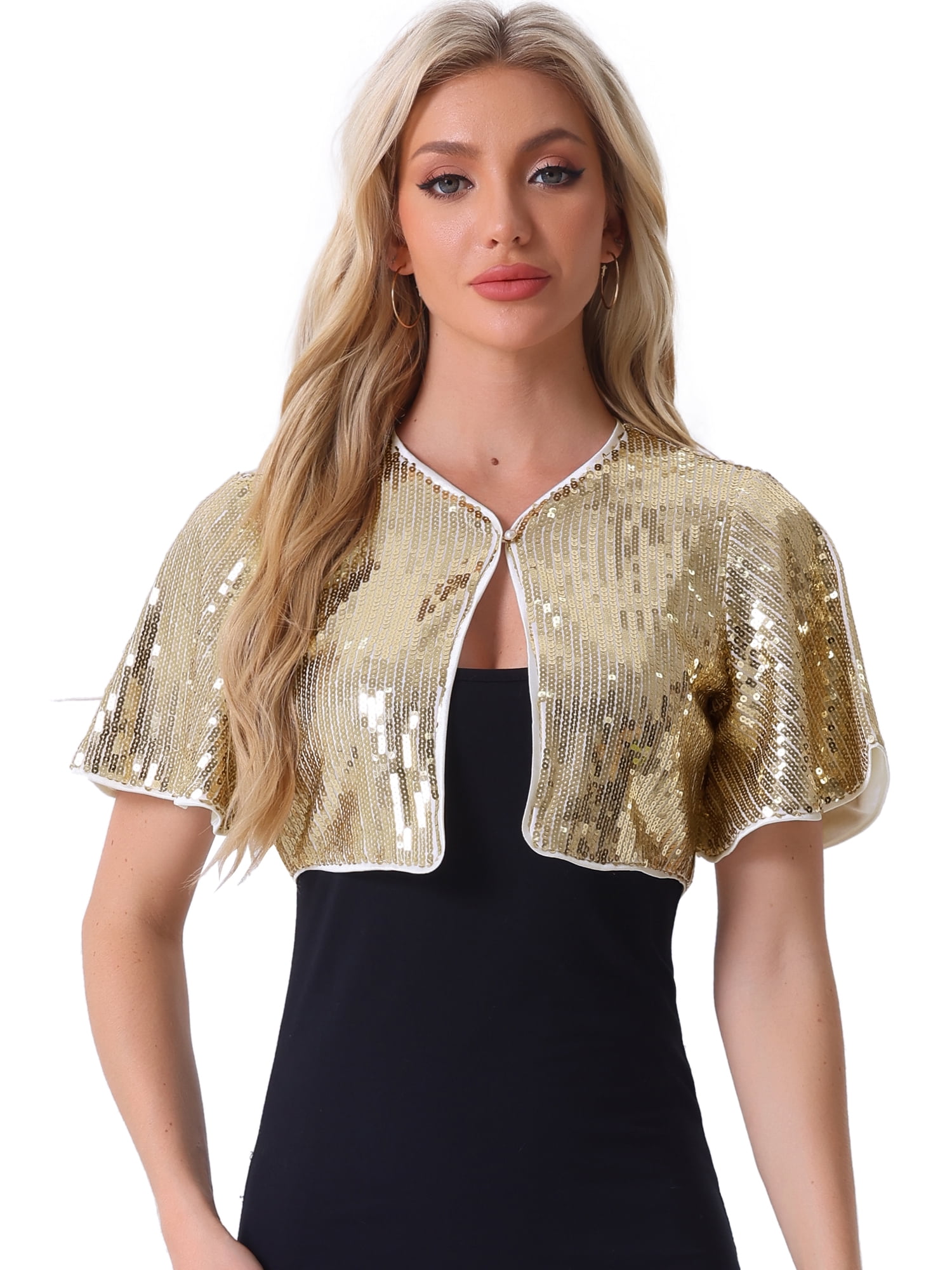 DARING DIVA Flared Sleeve Crop Shrug Bolero Glitter Jackets S Light ...