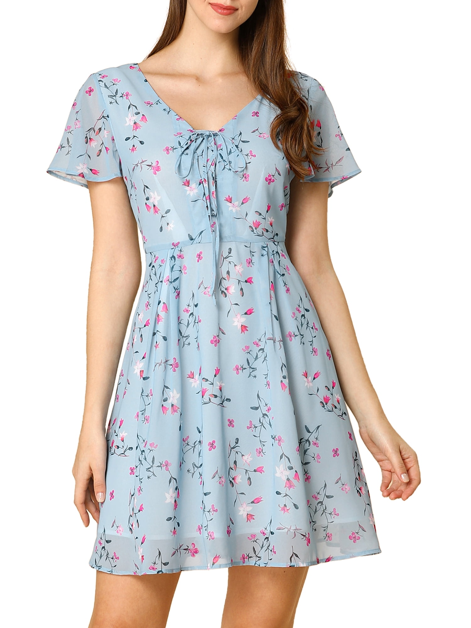 DARING DIVA Floral Flouncing Sleeve V Neck A-Line Chiffon Dress L Blue ...
