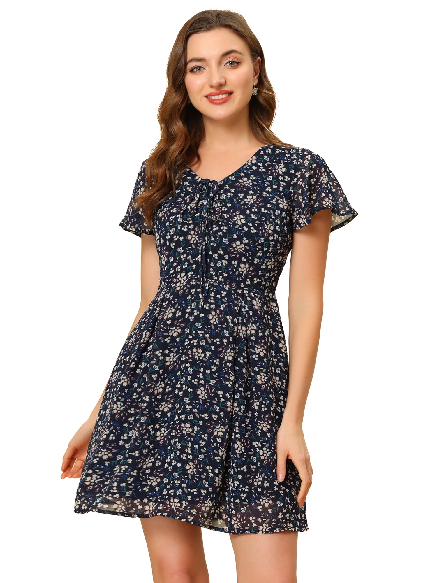 DARING DIVA Floral Flouncing Sleeve V Neck A-Line Chiffon Dress M Blue ...