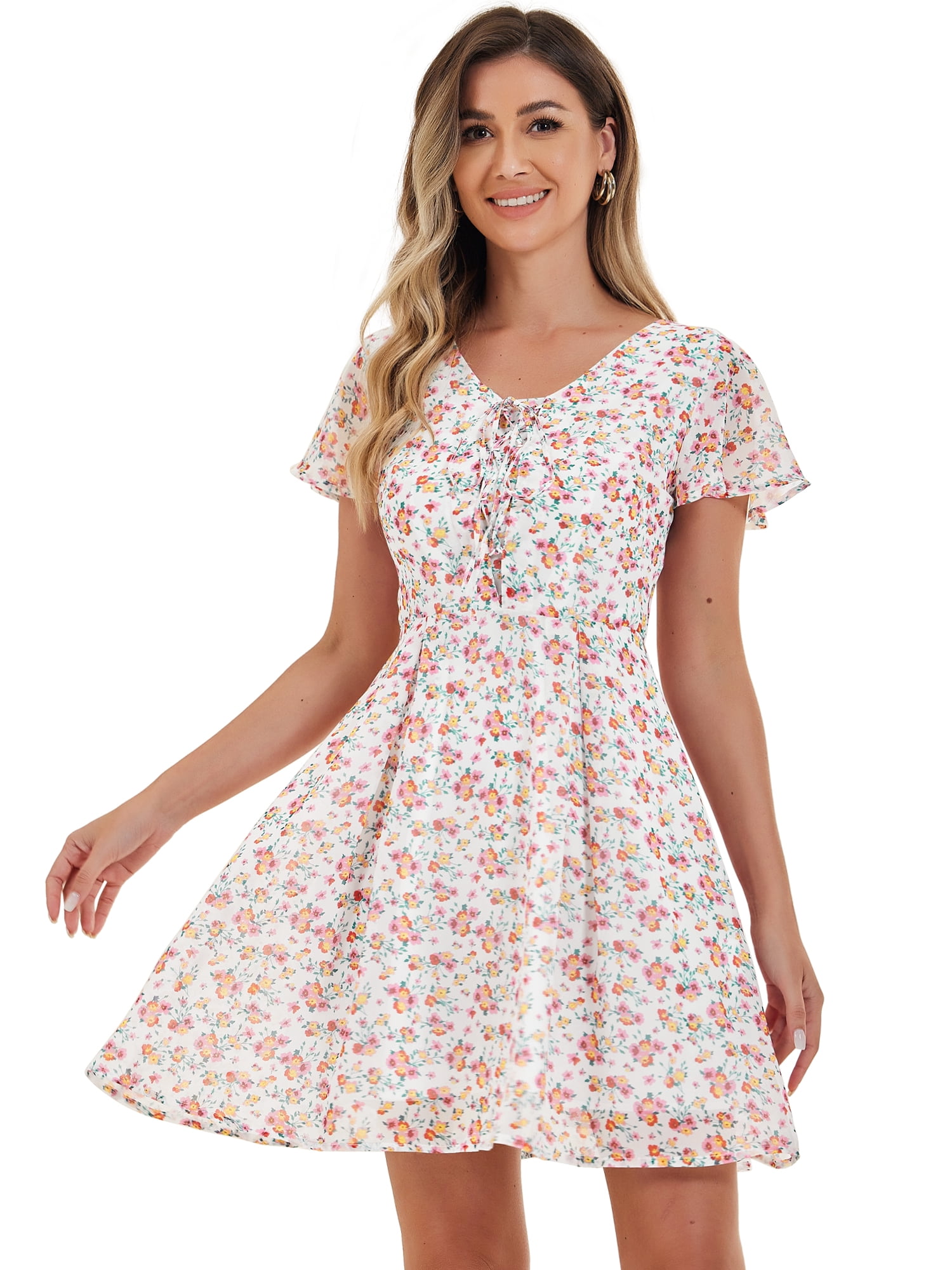 DARING DIVA Floral Flouncing Sleeve V Neck A-Line Chiffon Dress M ...