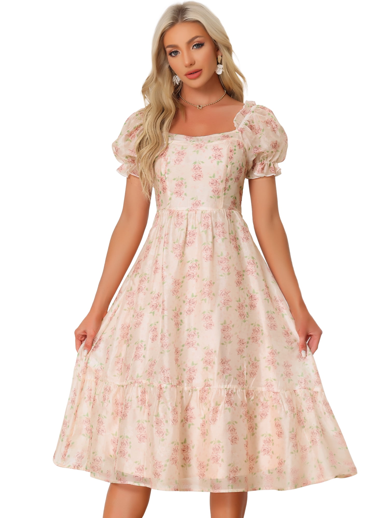 DARING DIVA Floral Organza Puff Short Sleeve Midi Dress XS Apricot ...