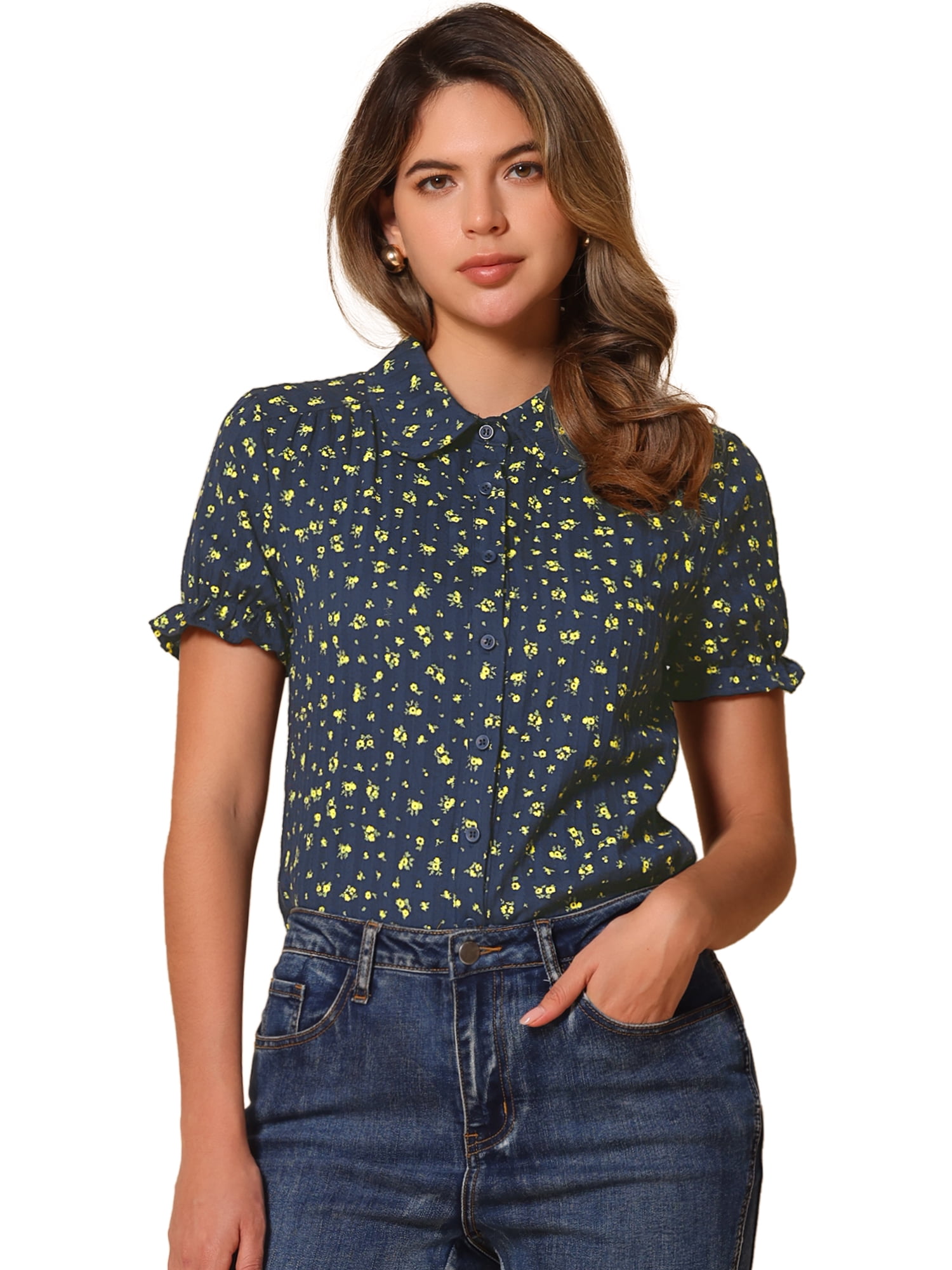 DARING DIVA Floral Peter Pan Collar Short Sleeve Blouse S Dark Blue ...