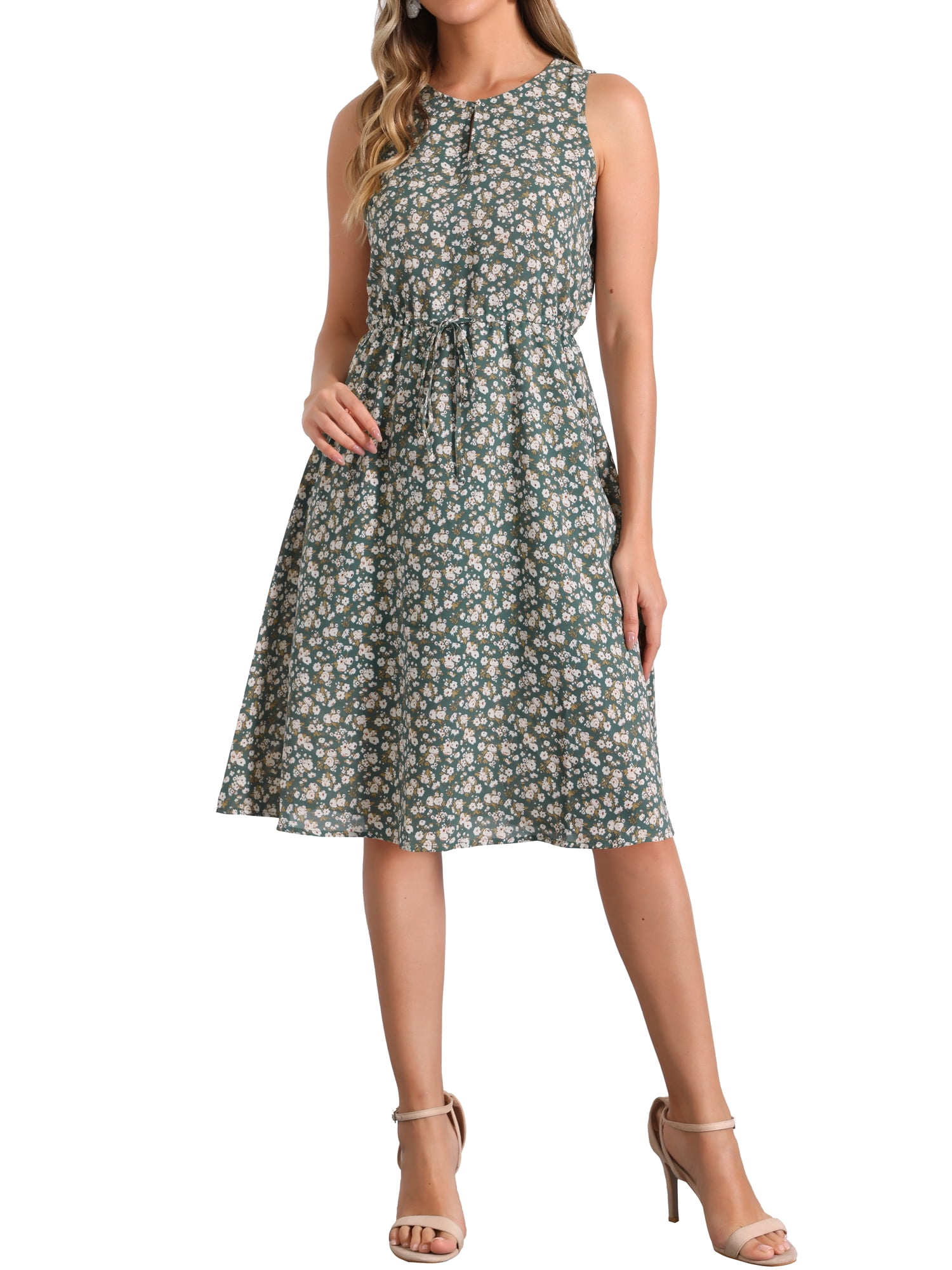 DARING DIVA Floral Sleeveless Drawstring Waist A-Line Dress M Dark ...