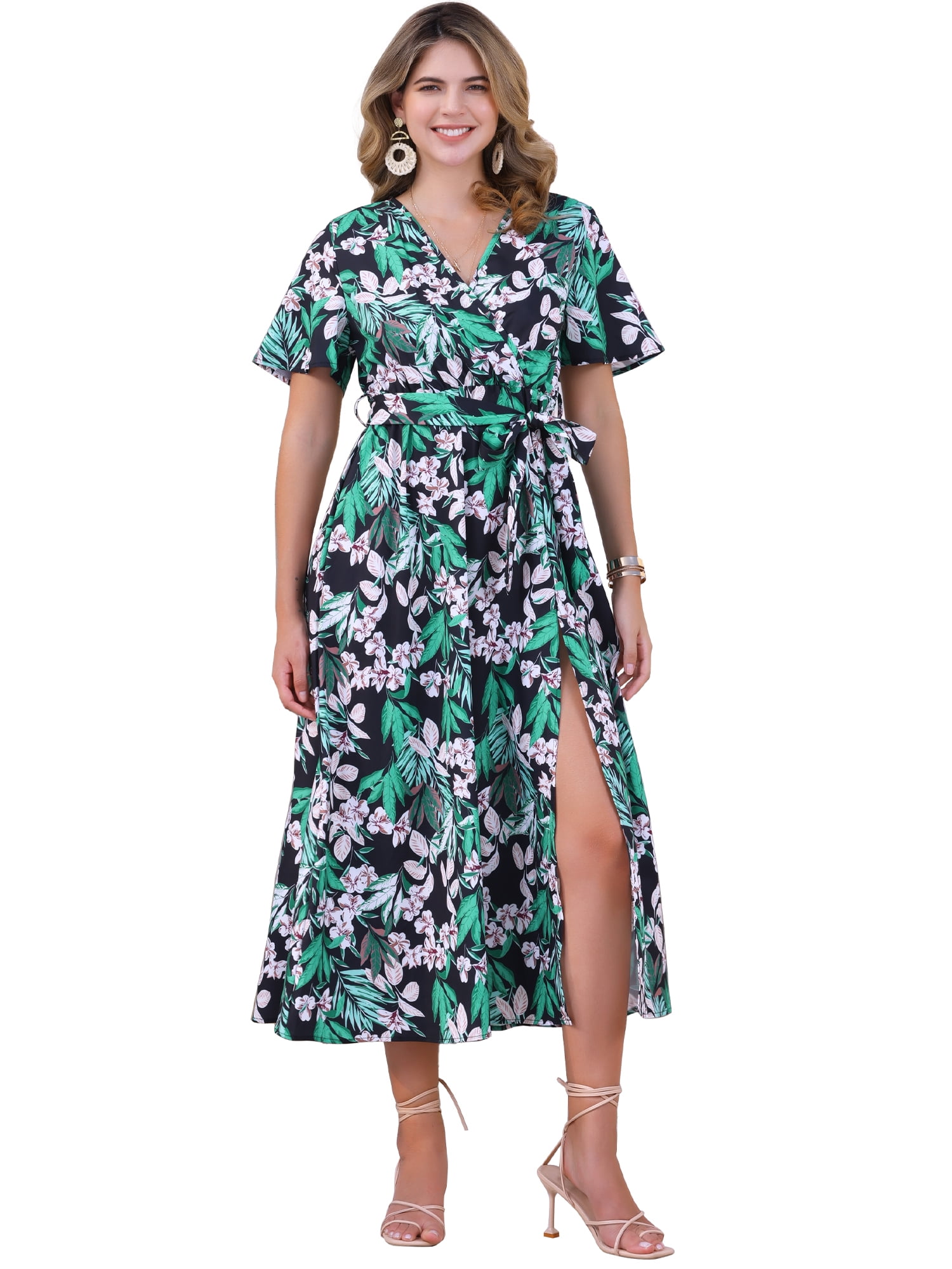 DARING DIVA Floral Split Hem Short Sleeve Maxi Tropical Dress S Green ...