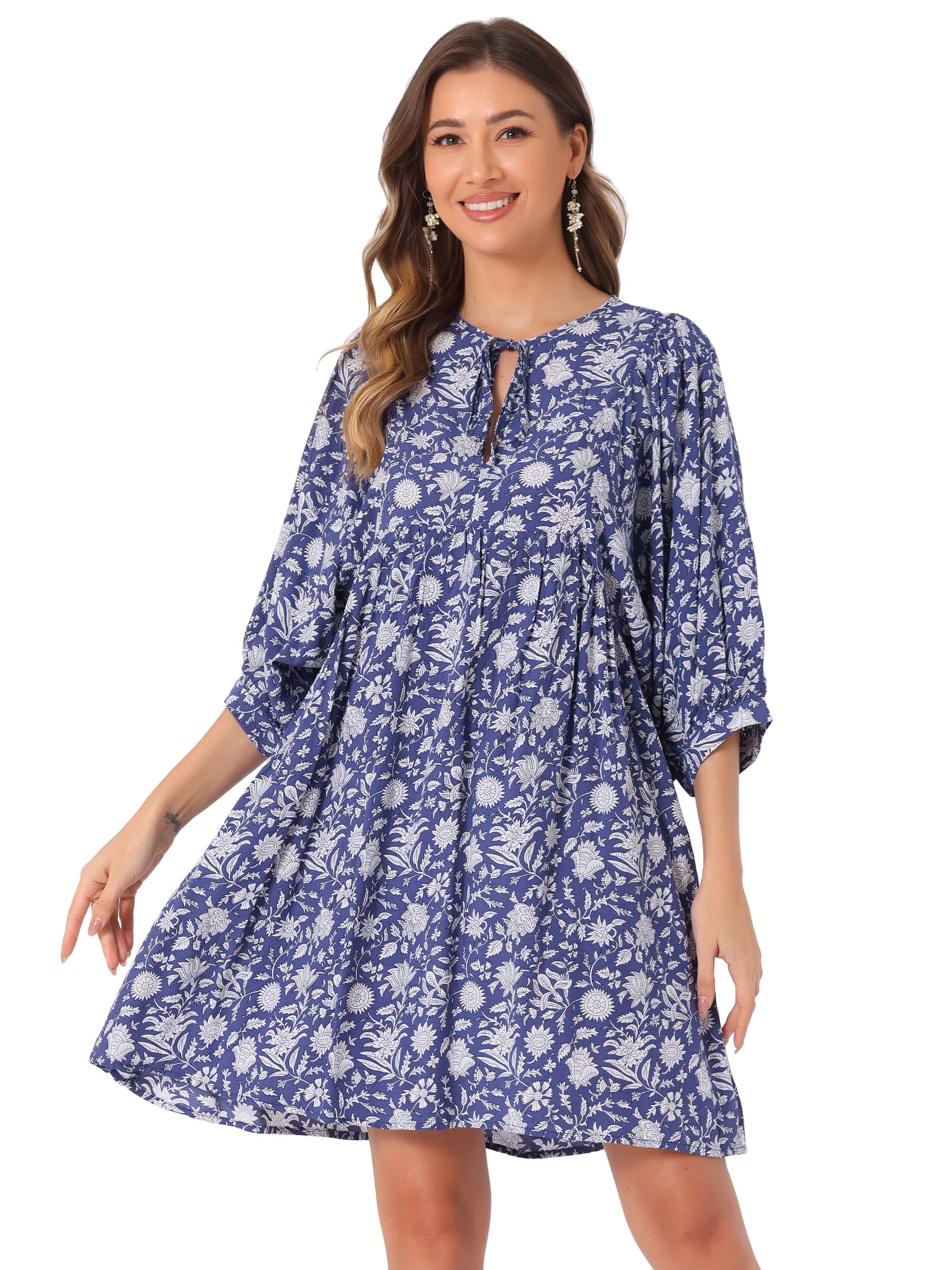 DARING DIVA Floral Summer 3/4 Sleeve Flare Mini Dress M Blue - Walmart.com