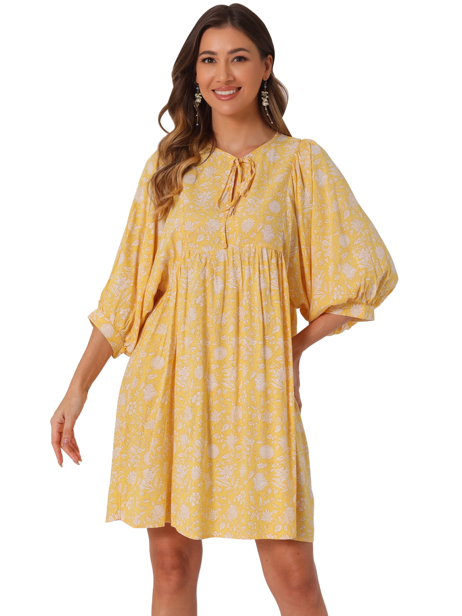 DARING DIVA Floral Summer 3/4 Sleeve Flare Mini Dress S Yellow ...