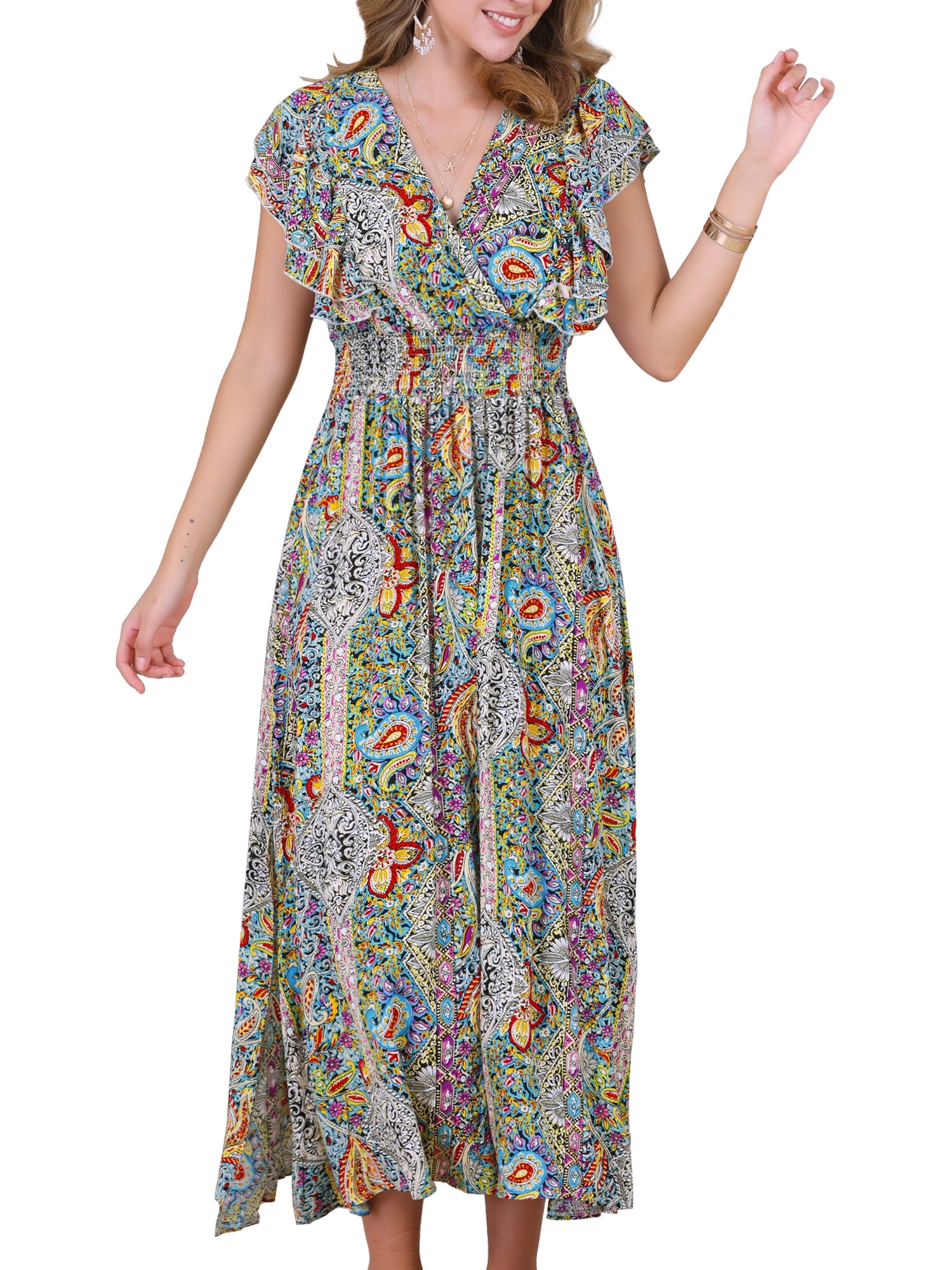 DARING DIVA Floral V Neck Shirred Elastic Waist Split Flowy Long Dress XL Multicolor - Walmart.com