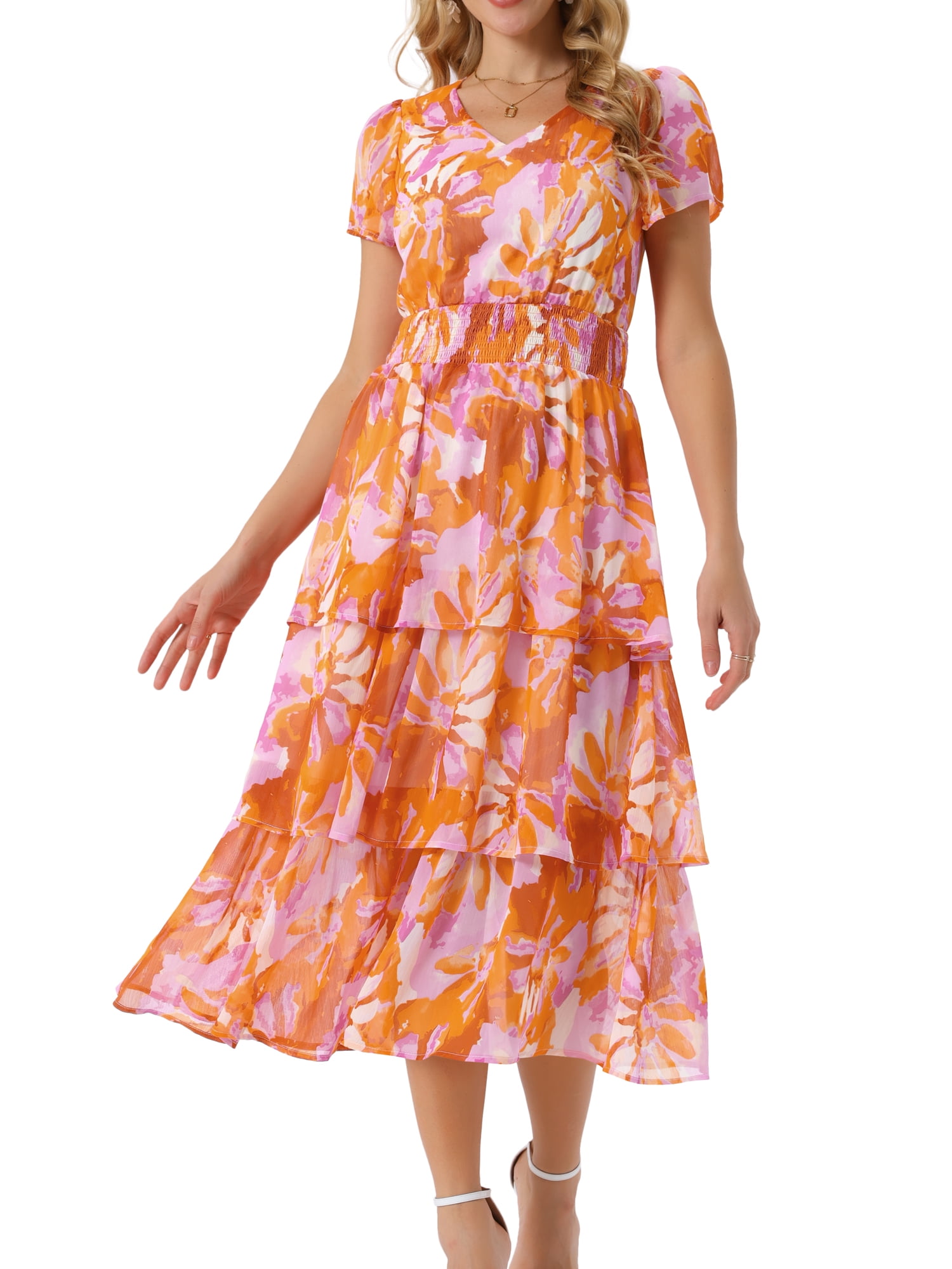 DARING DIVA Floral V Neck Short Sleeve Ruffle Tiered Midi Dress L ...