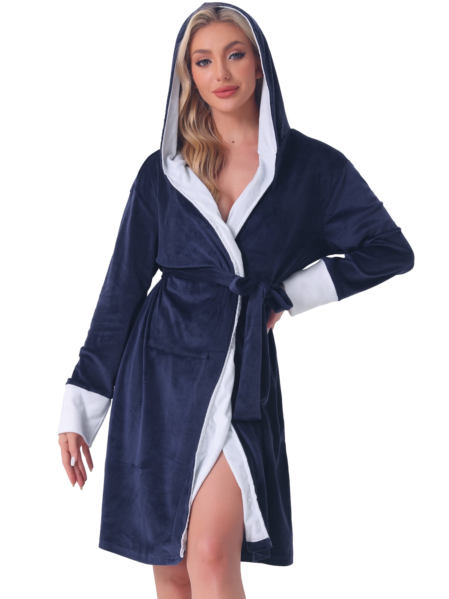 DARING DIVA Fluffy Hooded Bathrobe Plush Long Spa Robe 2XL Navy Blue ...