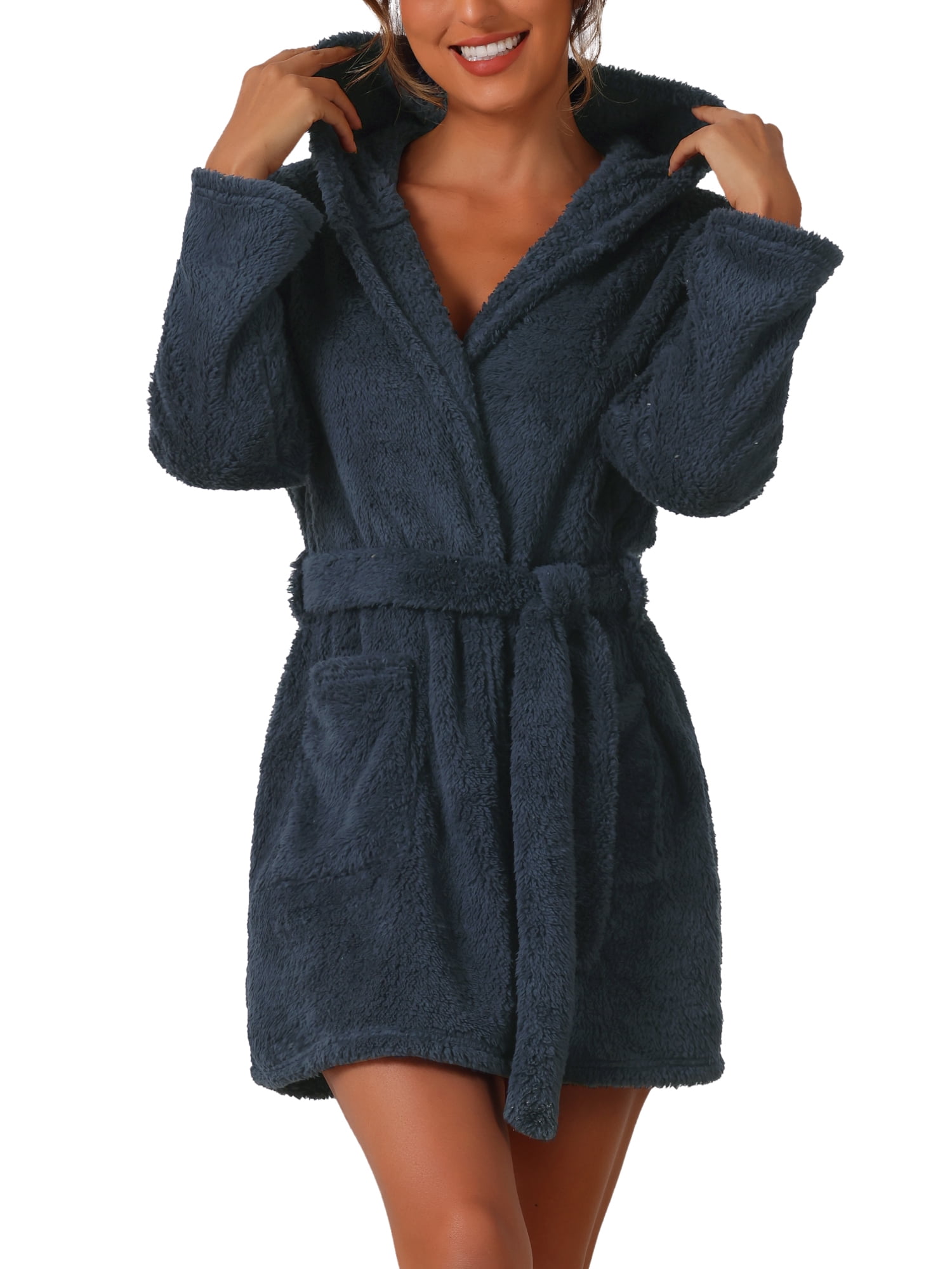 DARING DIVA Fuzzy Hooded Plush Bath Robe Mini Bathrobe S Navy - Walmart.com