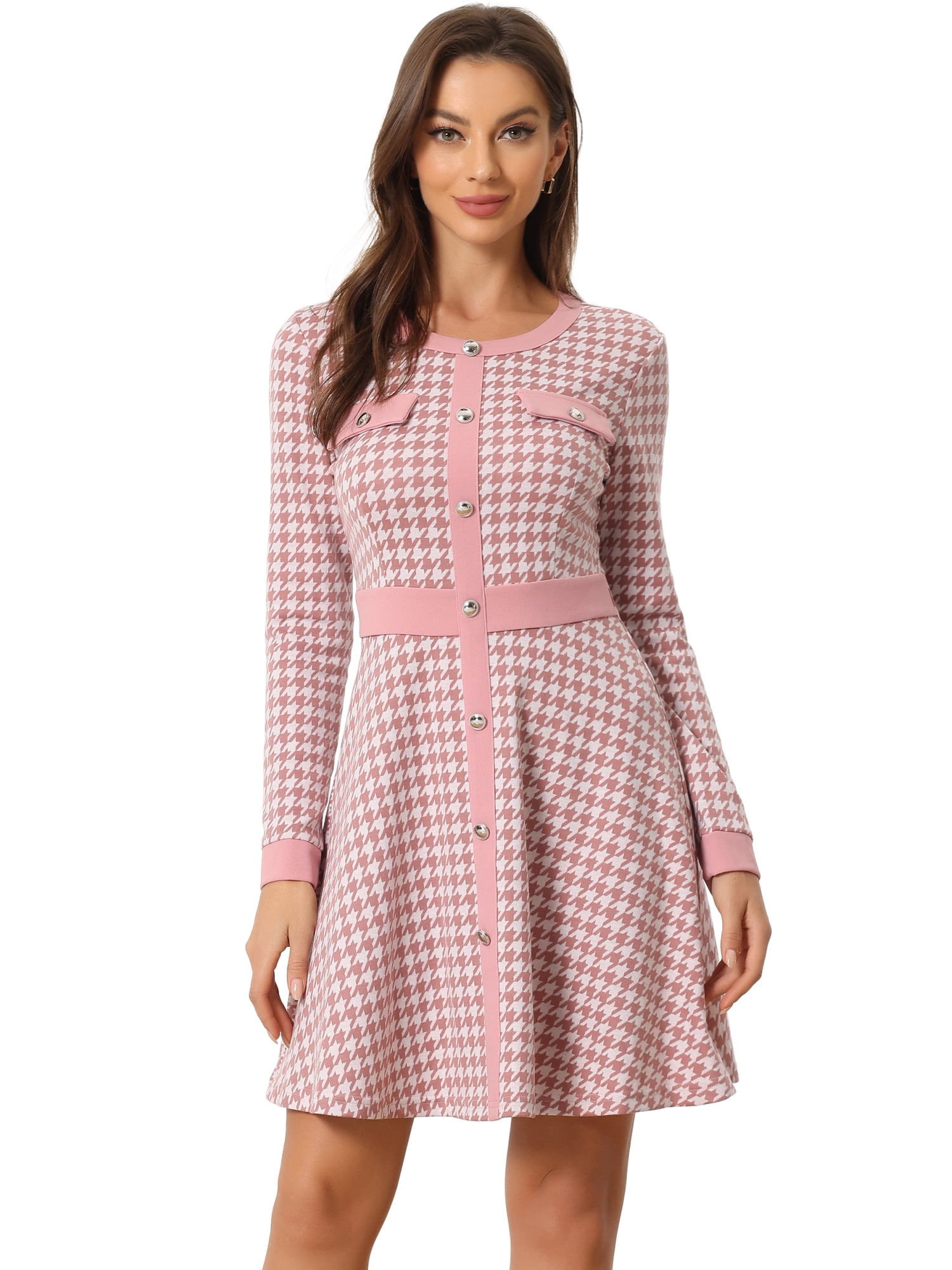 DARING DIVA Houndstooth Round Neck A-Line Elegant Plaid Dress XL Pink ...
