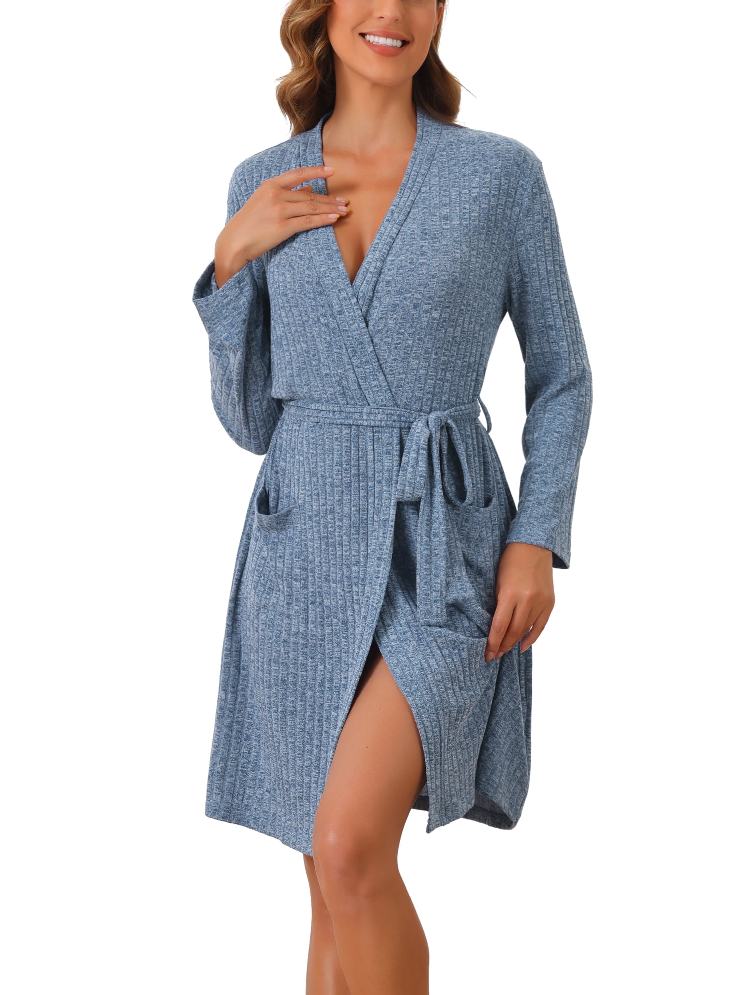 DARING DIVA Knit Robes Ribbed Tie Waist Knee Length Sleepwear S Blue ...