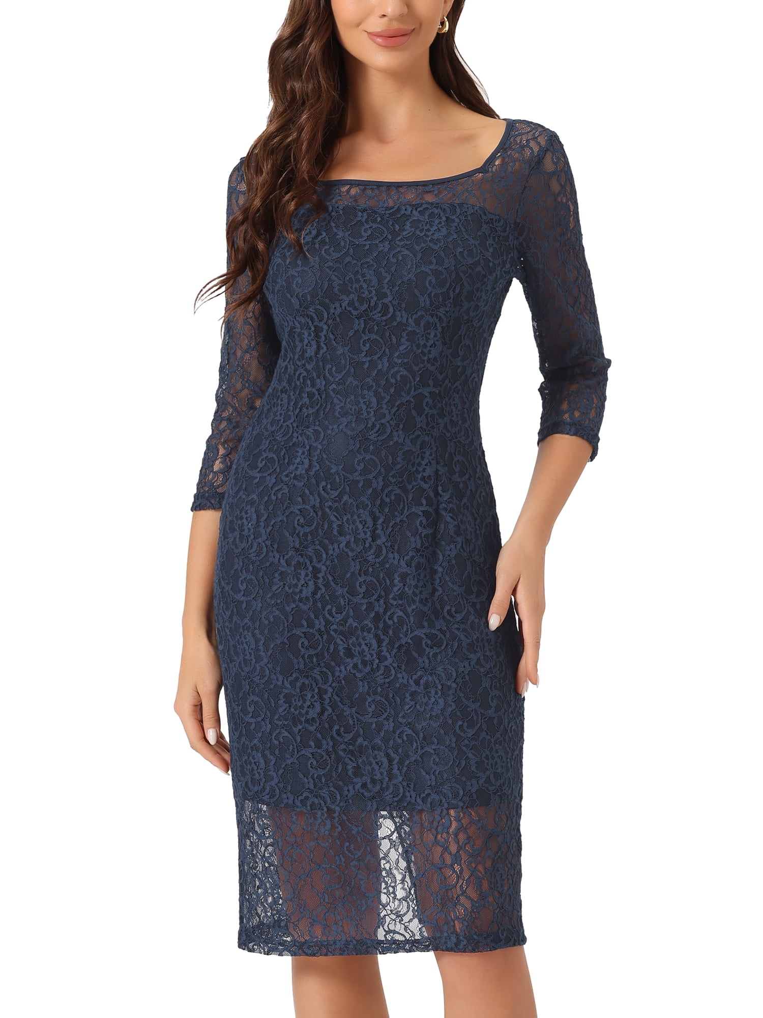 DARING DIVA Lace 3/4 Sleeve Dress Square Neck Midi Straight Tired XS Navy Blue - Walmart.com