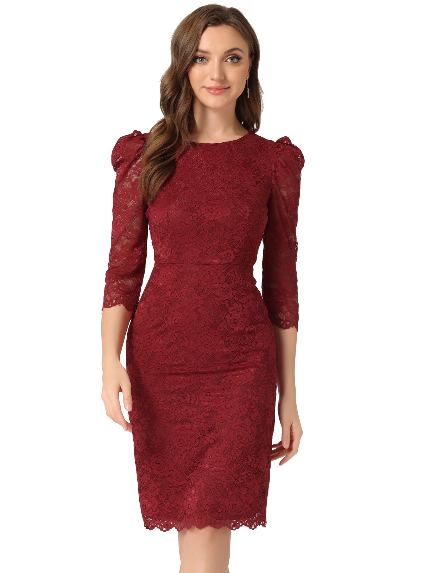 DARING DIVA Lace Floral Crew Neck Bodycon Cocktail Dress M Burgundy ...