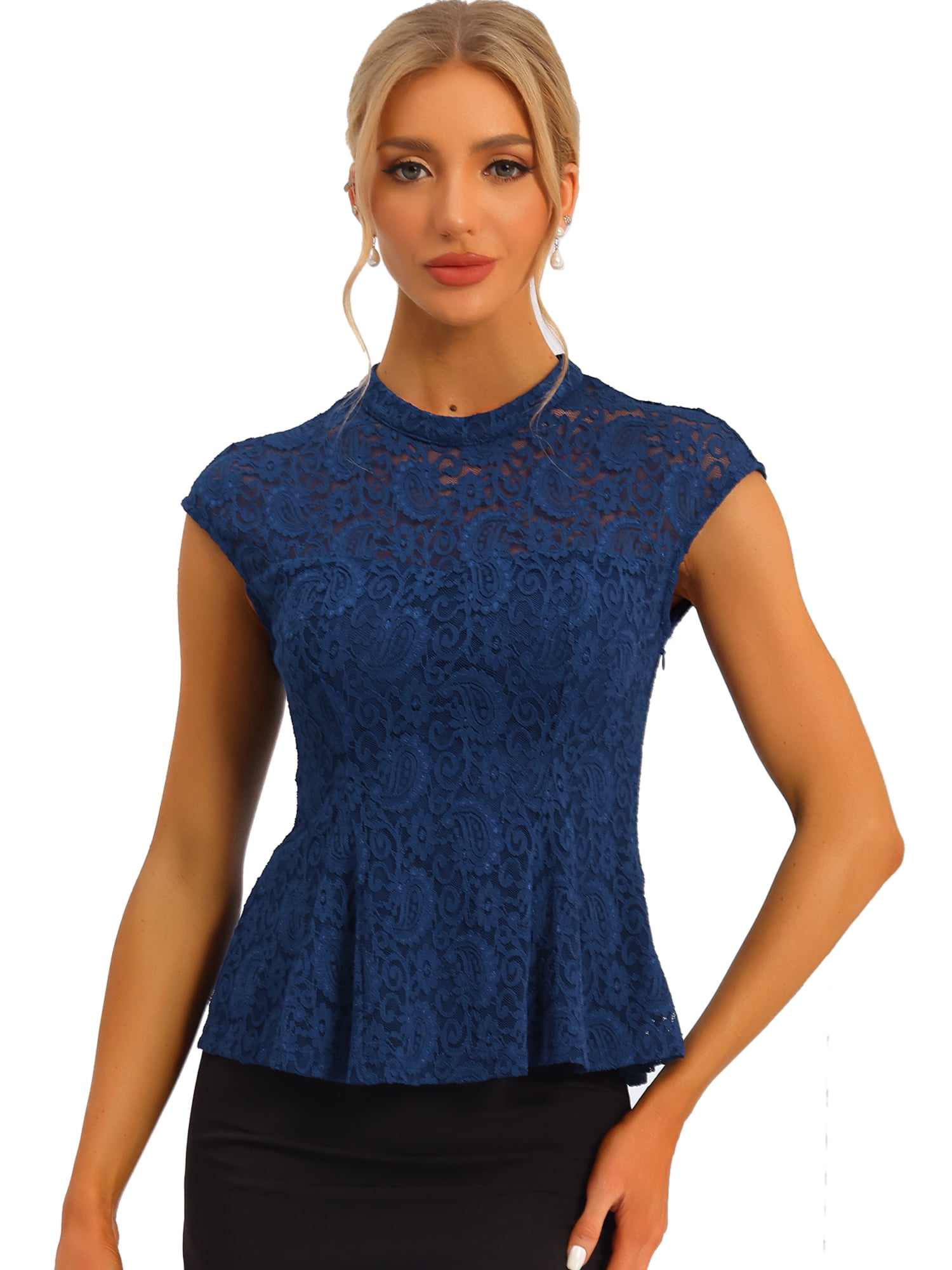 DARING DIVA Lace Floral Crochet Sleeveless Peplum Blouse S Dark Blue ...