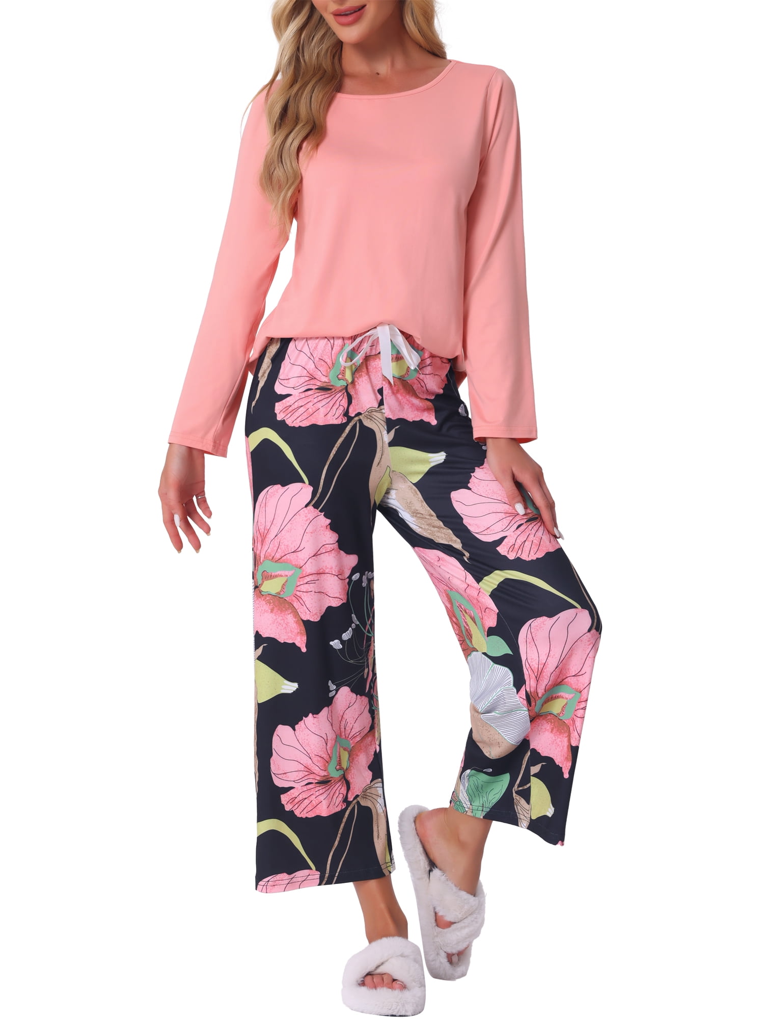 DARING DIVA Long Sleeve Floral Capri Soft Strechy Pajama Sets 2 Pieces L Pink - Walmart.com