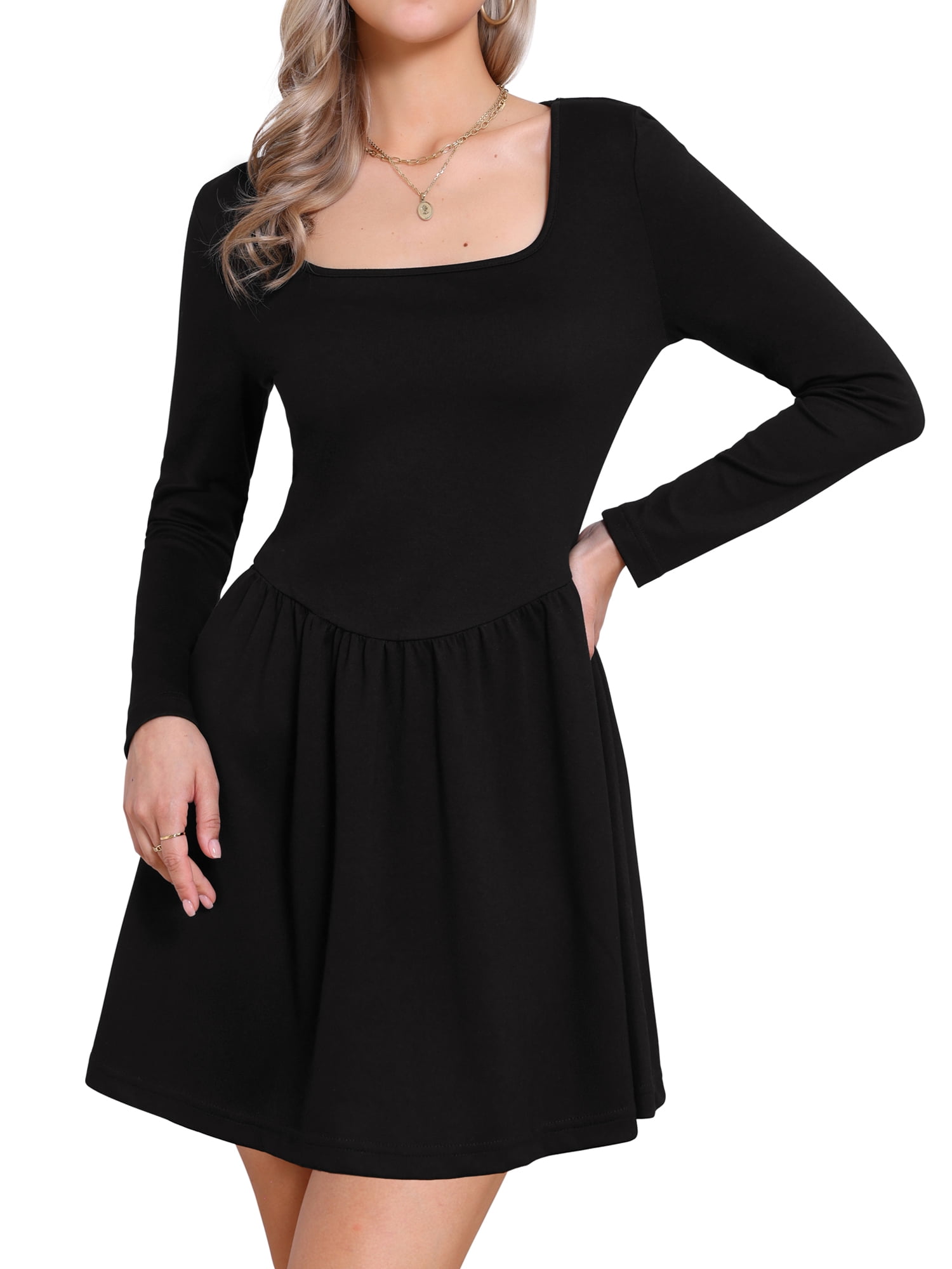 DARING DIVA Long Sleeve Mini Square Neck Casual A-Line Short Dress XS ...