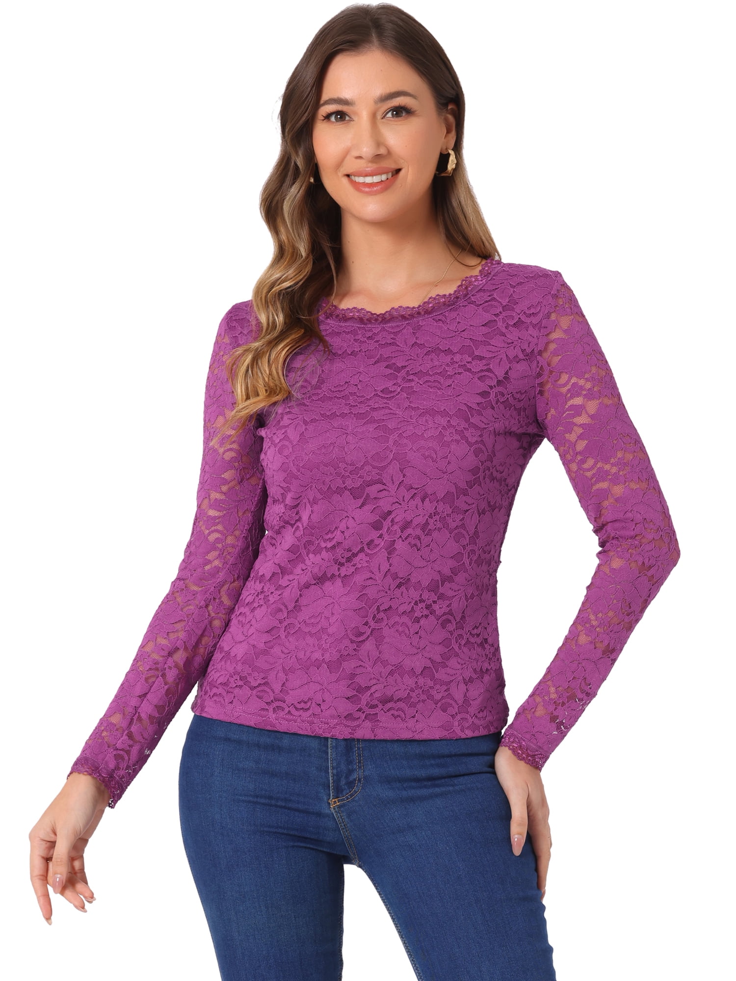 DARING DIVA Long Sleeves Flower Embroidery Lace Tops L Dark Purple - Walmart.com