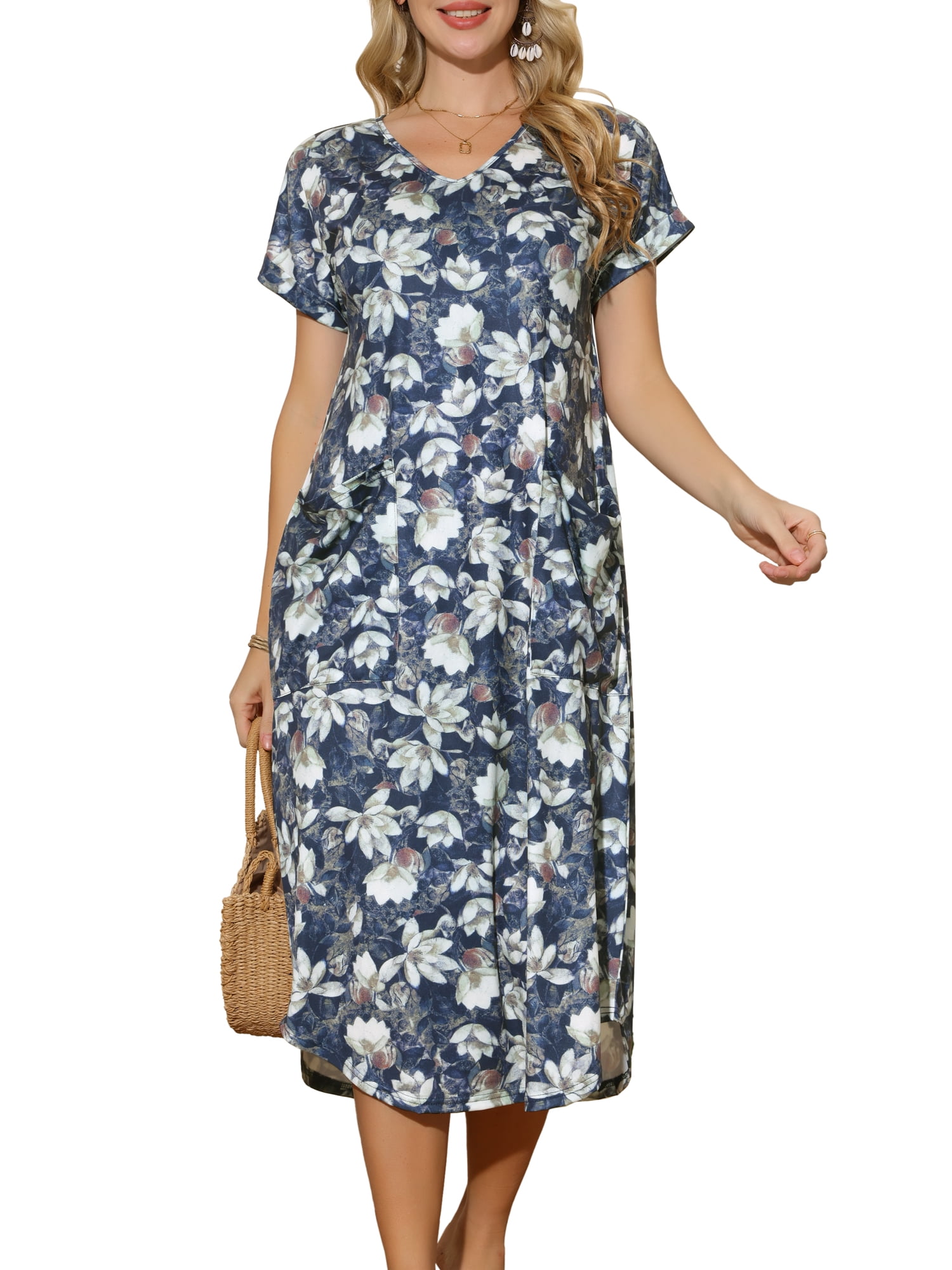DARING DIVA Loose Summer V Neck Short Sleeve Floral Midi Dress M Dark Blue - Walmart.com